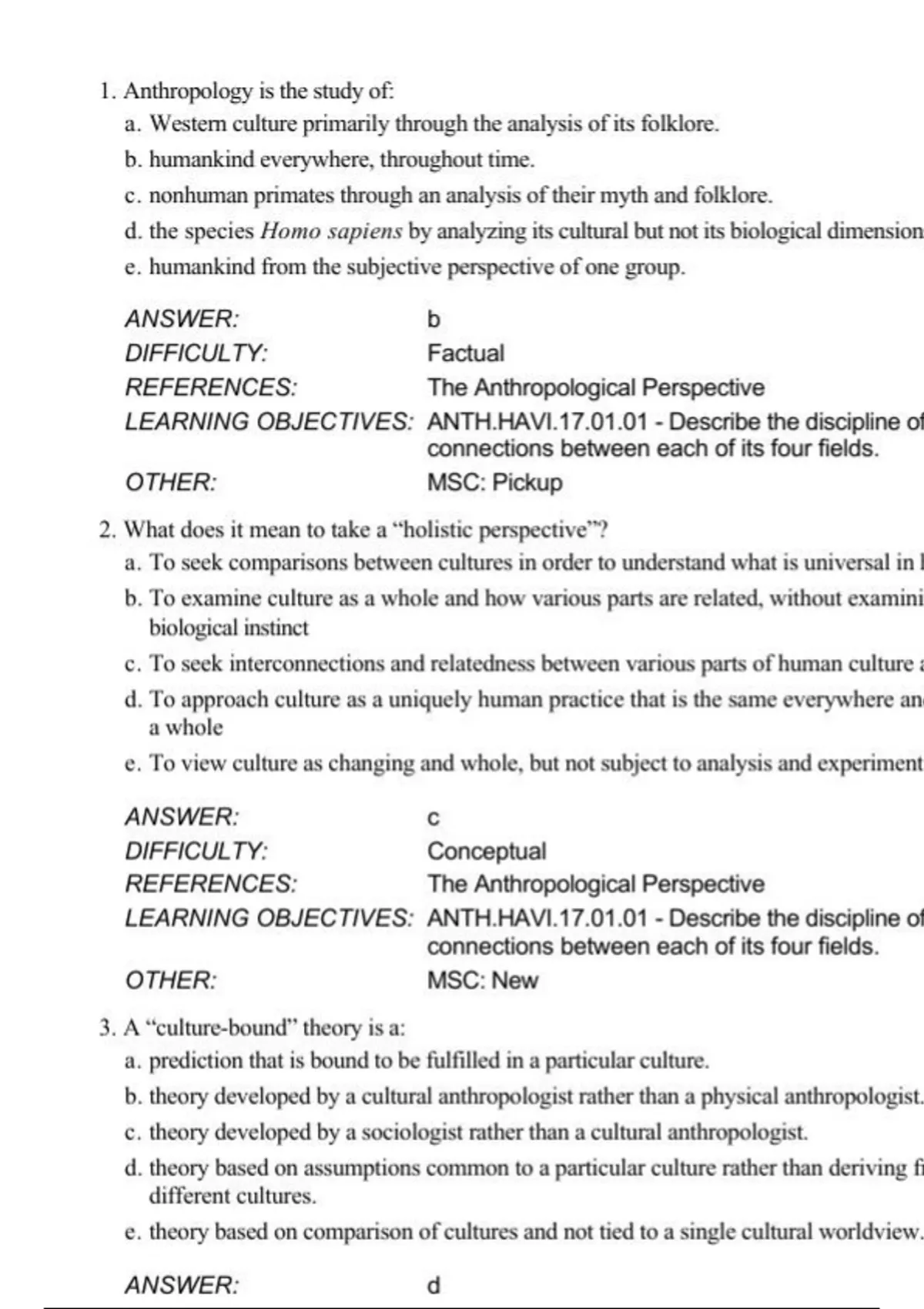 practice test bank questions, final exam : Anthropology The Human ...