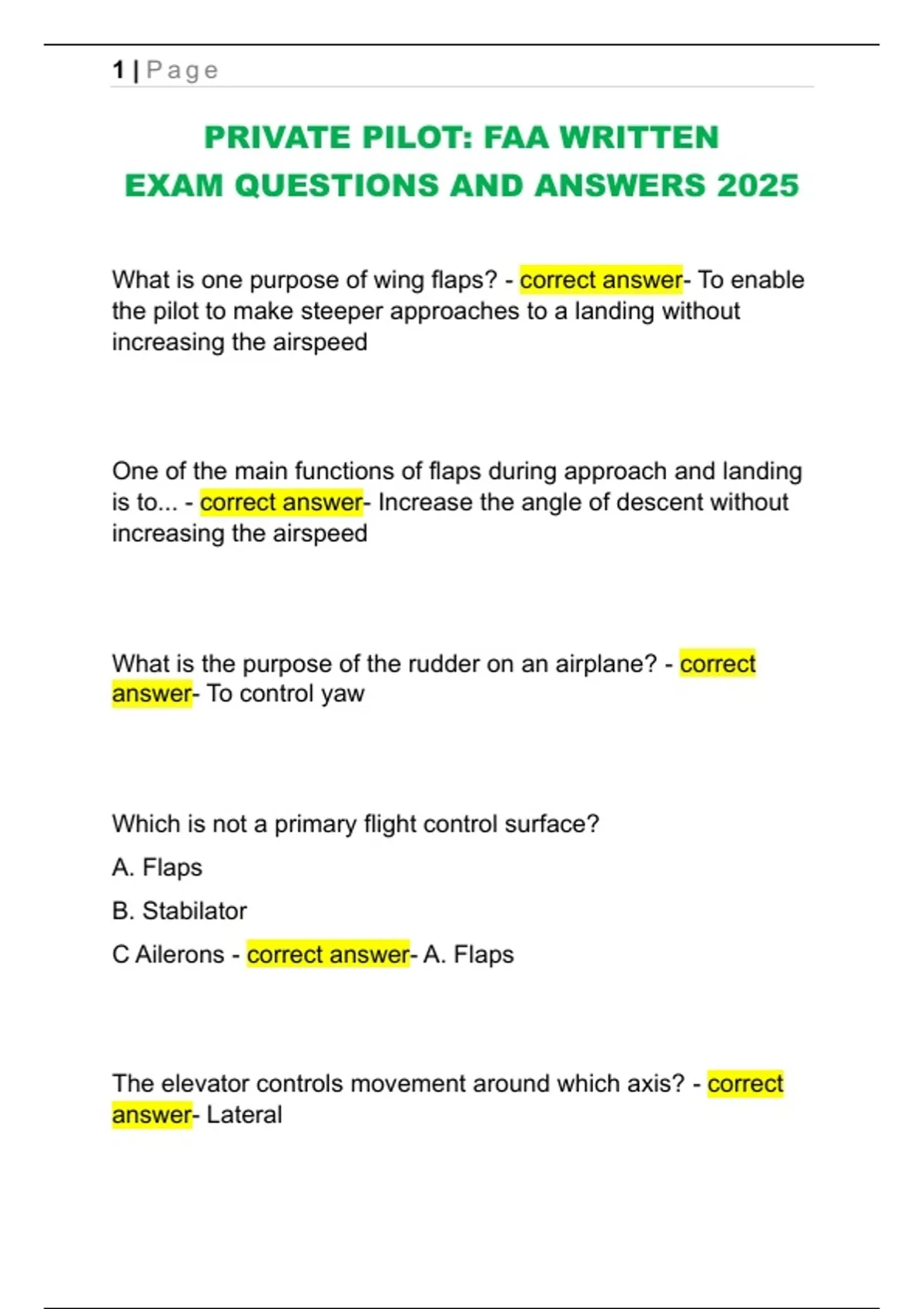 PRIVATE PILOT FAA Written Exam 2025 | Verified Questions & Correct ...