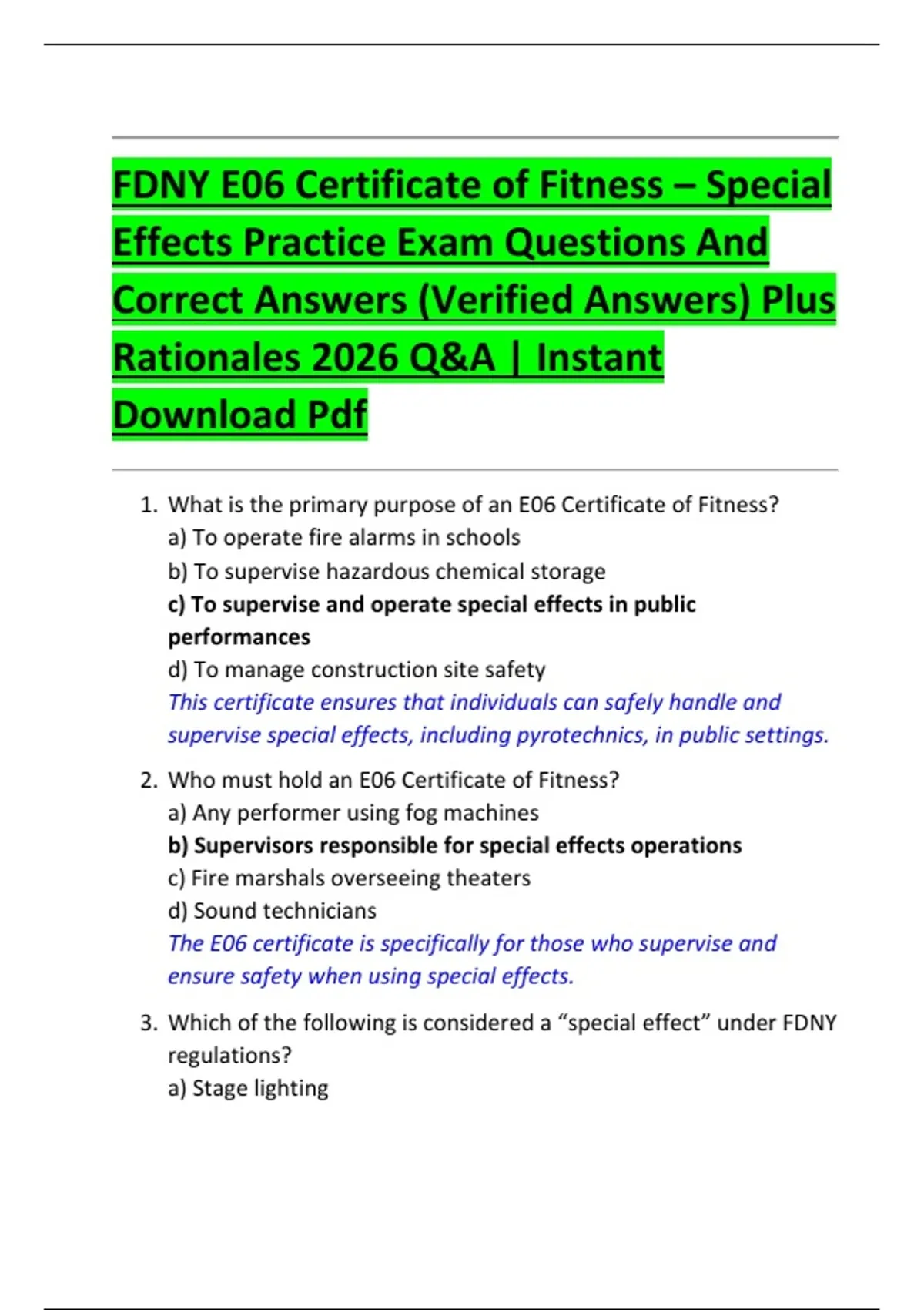 FDNY E06 Certificate of Fitness – Special Effects Practice Exam ...