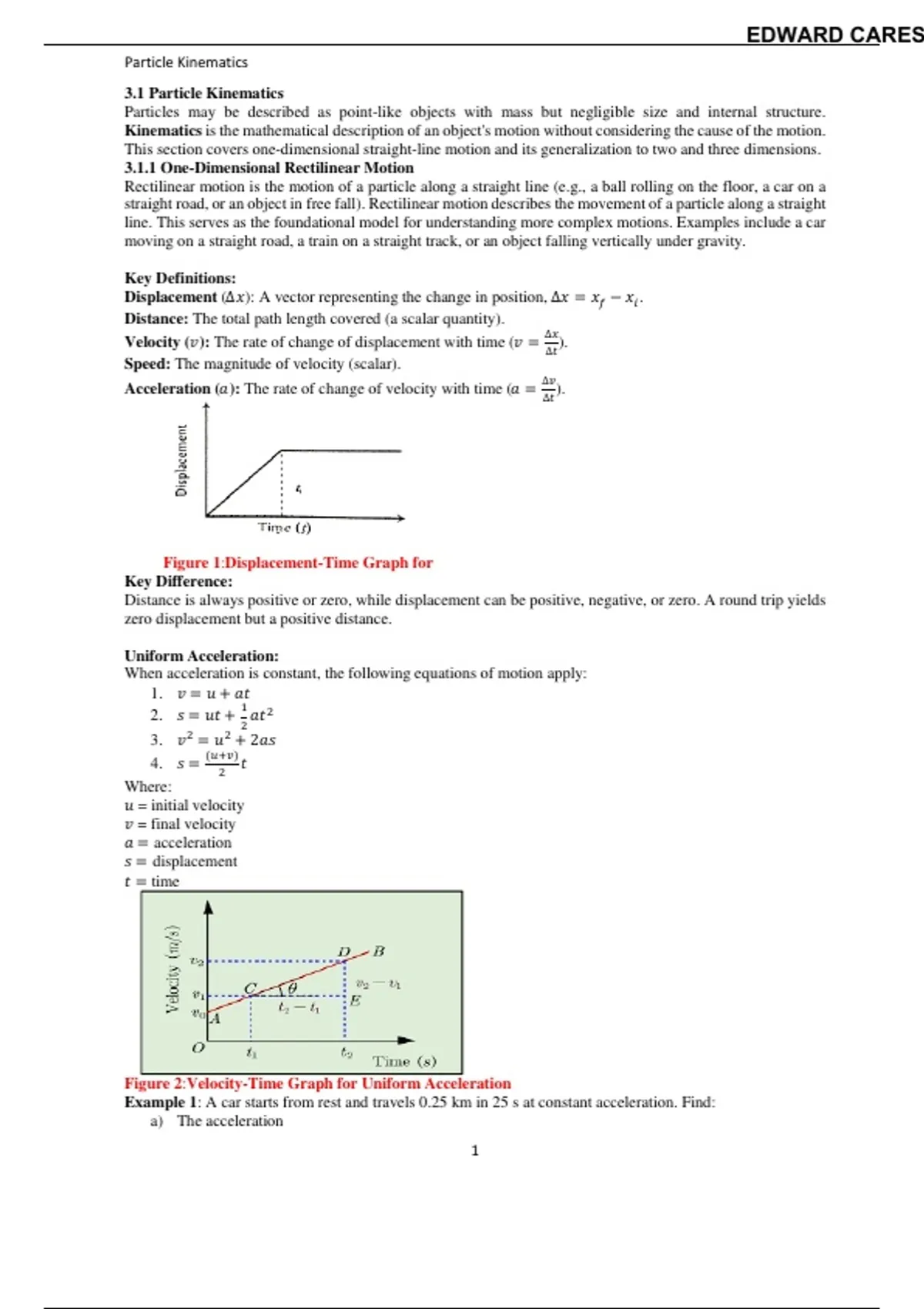 PHY101 Lecture Notes: Particle Kinematics, Motion Equations ...