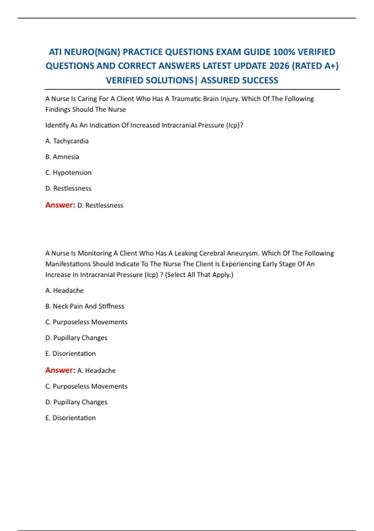 ATI NEURO(NGN) PRACTICE QUESTIONS EXAM GUIDE 100% VERIFIED QUESTIONS ...