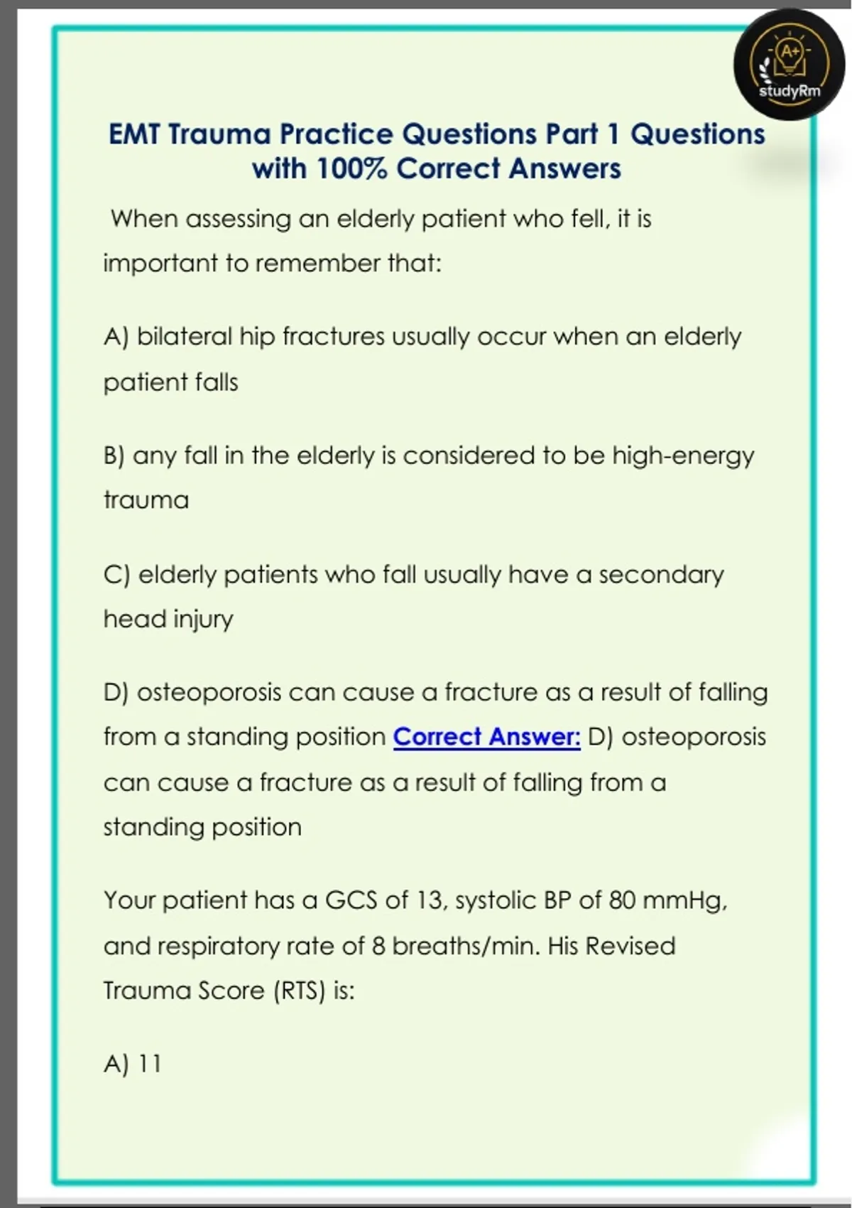 EMT Trauma Practice Questions Part 1 Questions with 100% Correct ...