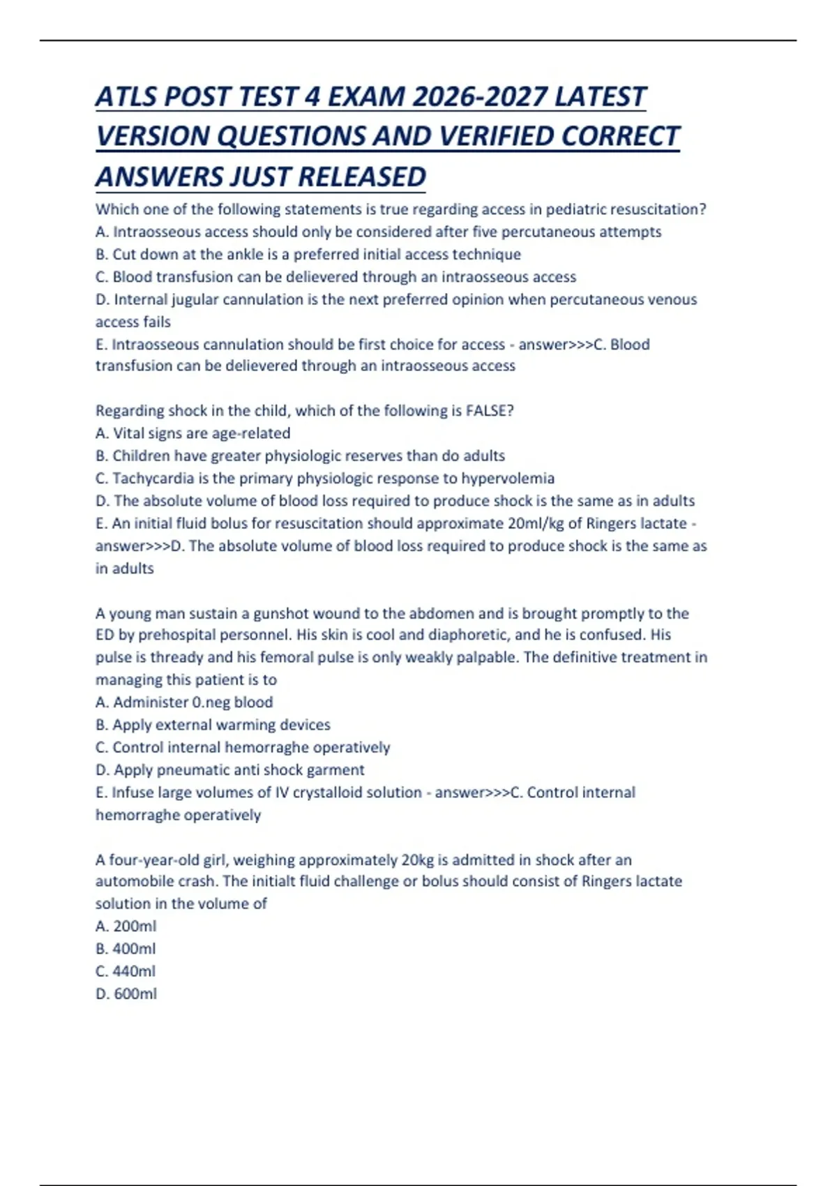 ATLS (Advanced Trauma Life Support) POST TEST 4 EXAM LATEST VERSION ...