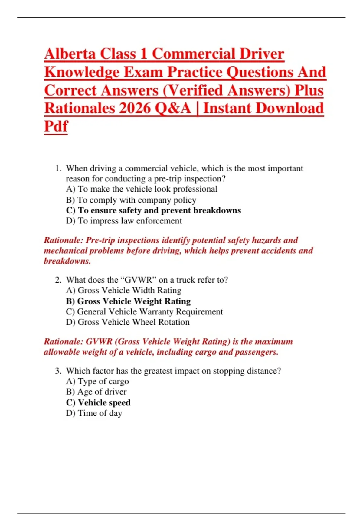 Alberta Class 1 Commercial Driver Knowledge Exam Practice Questions And ...