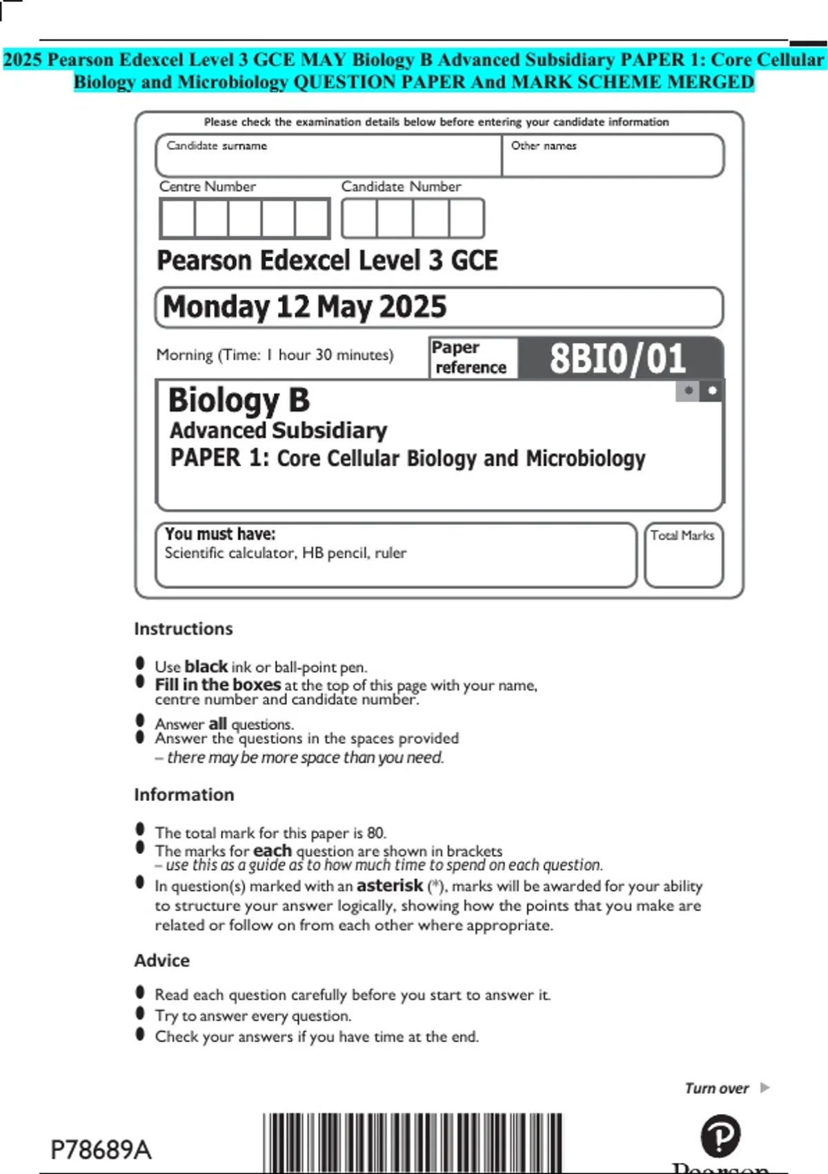 2025 Pearson Edexcel Level 3 GCE MAY Biology B Advanced Subsidiary ...