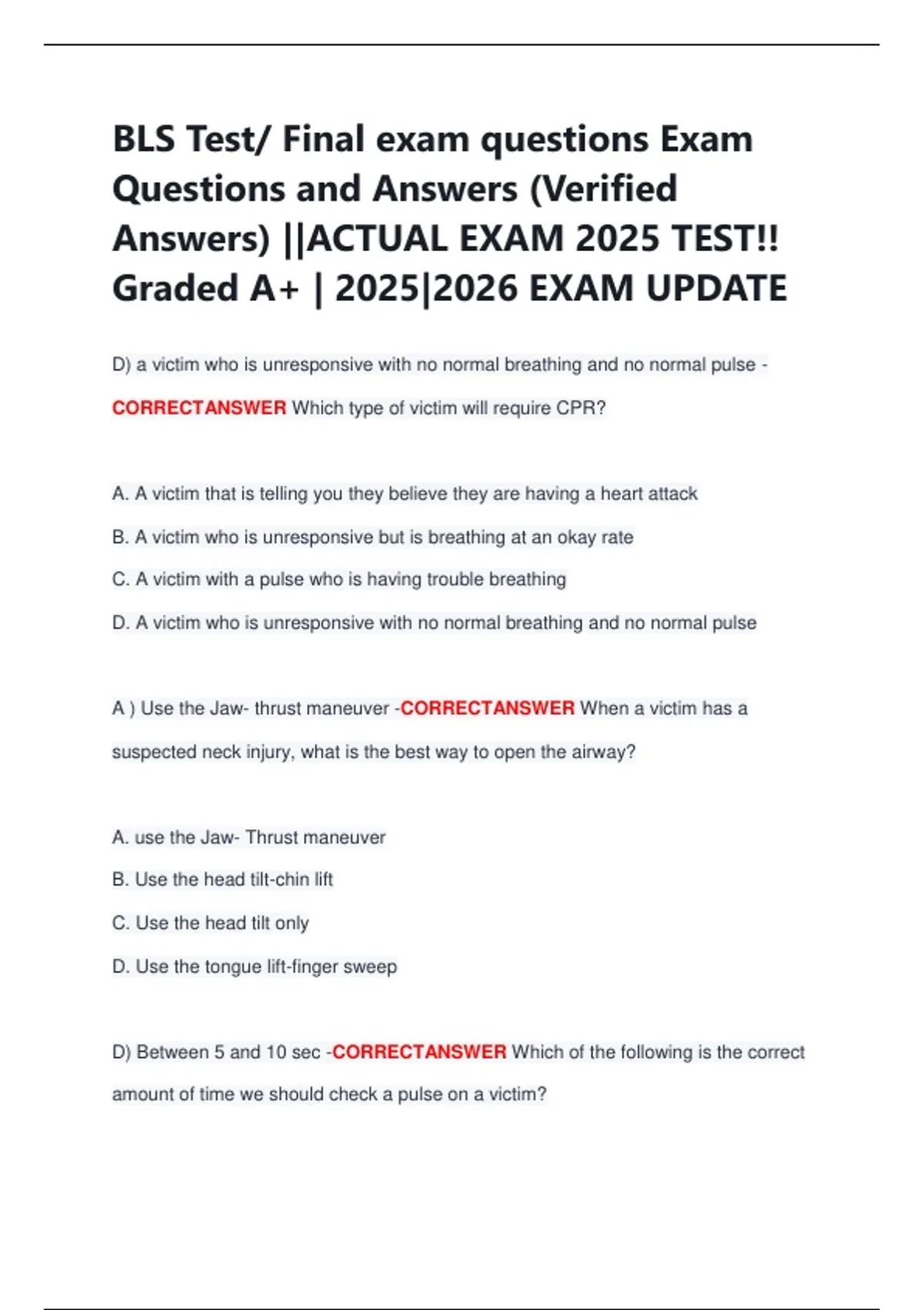 BLS Test/ Final exam questions Exam Questions and Answers (Verified ...