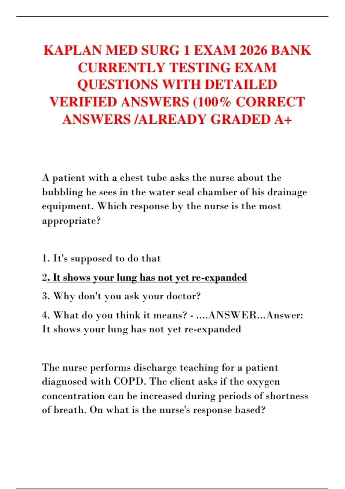 KAPLAN MED SURG 1 EXAM 2026 BANK CURRENTLY TESTING EXAM QUESTIONS WITH ...