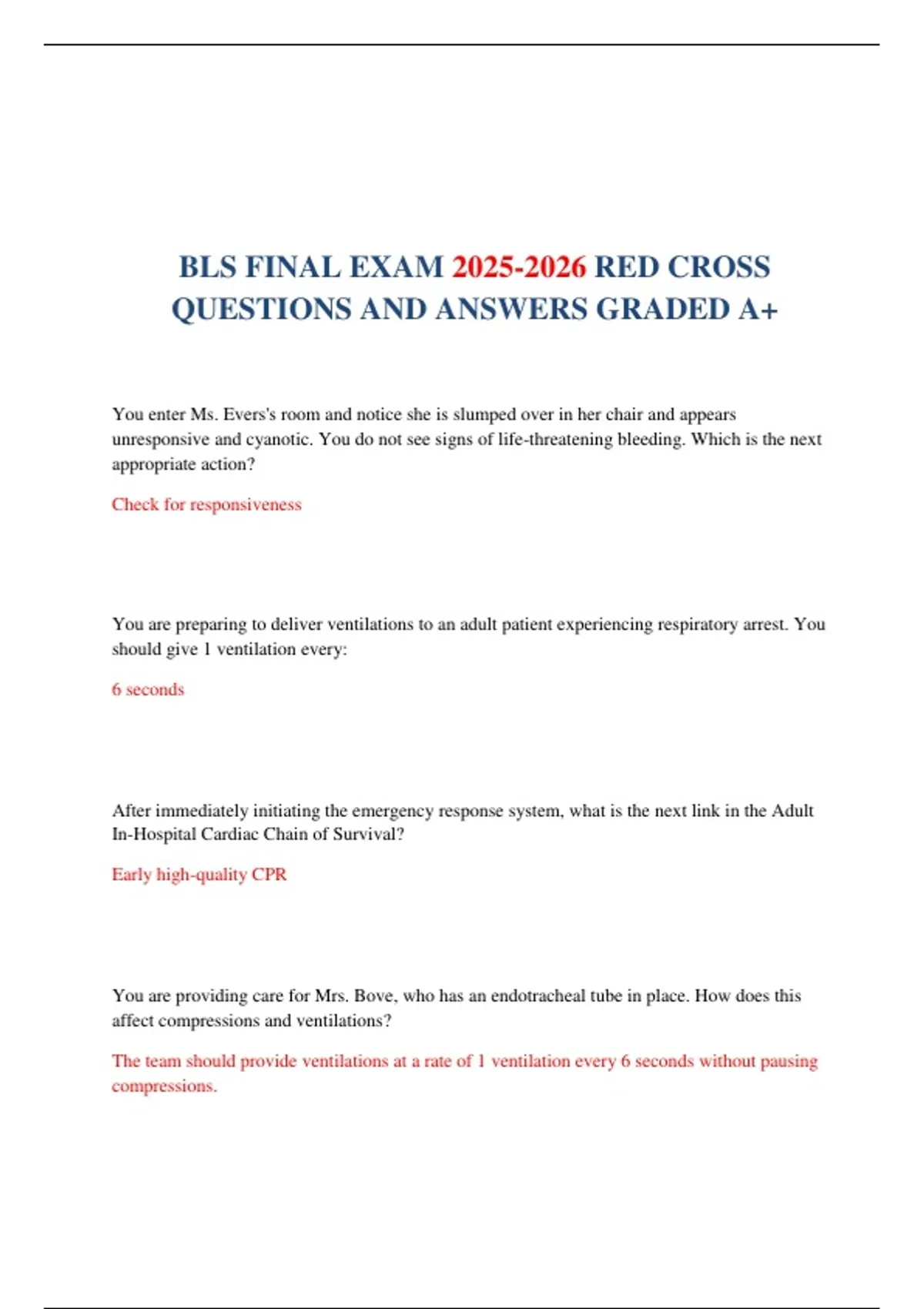BLS FINAL EXAM RED CROSS QUESTIONS AND ANSWERS GRADED A+ - Bls - Stuvia US