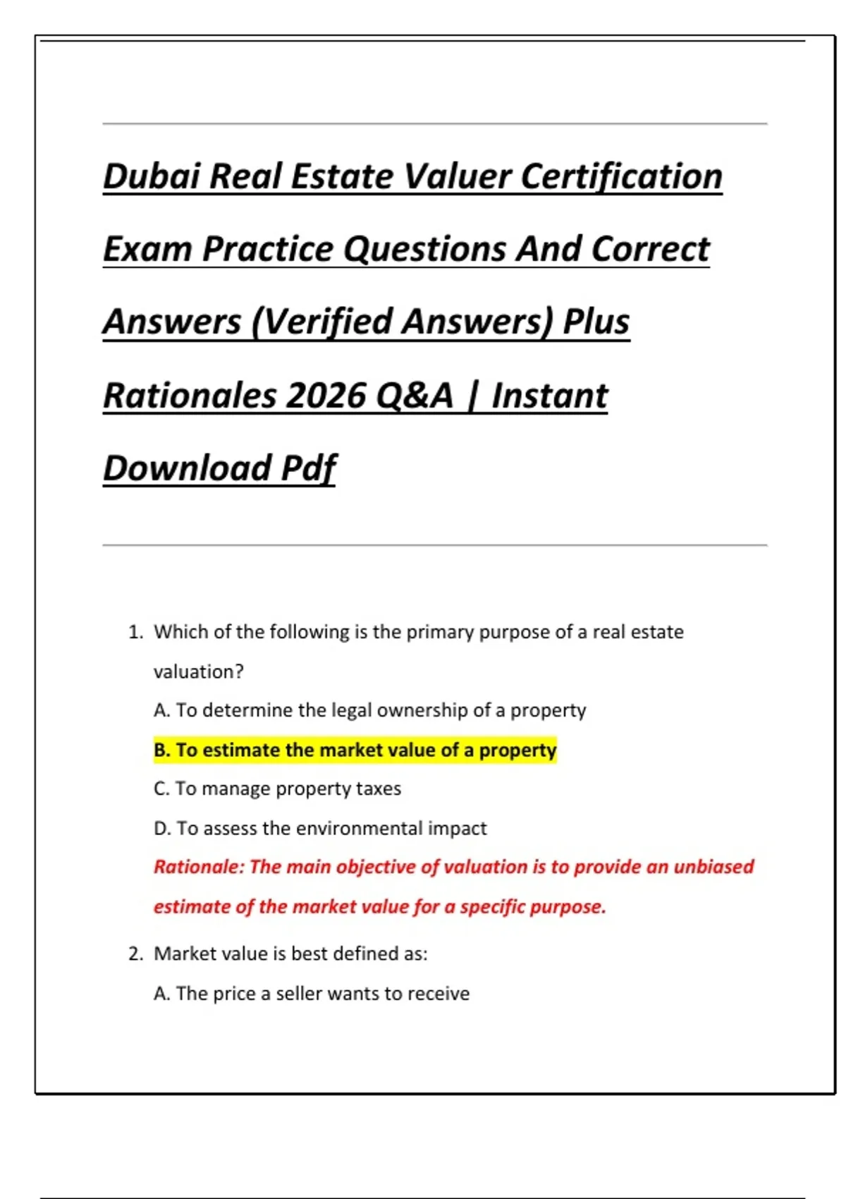 Dubai Real Estate Valuer Certification Exam Practice Questions And ...