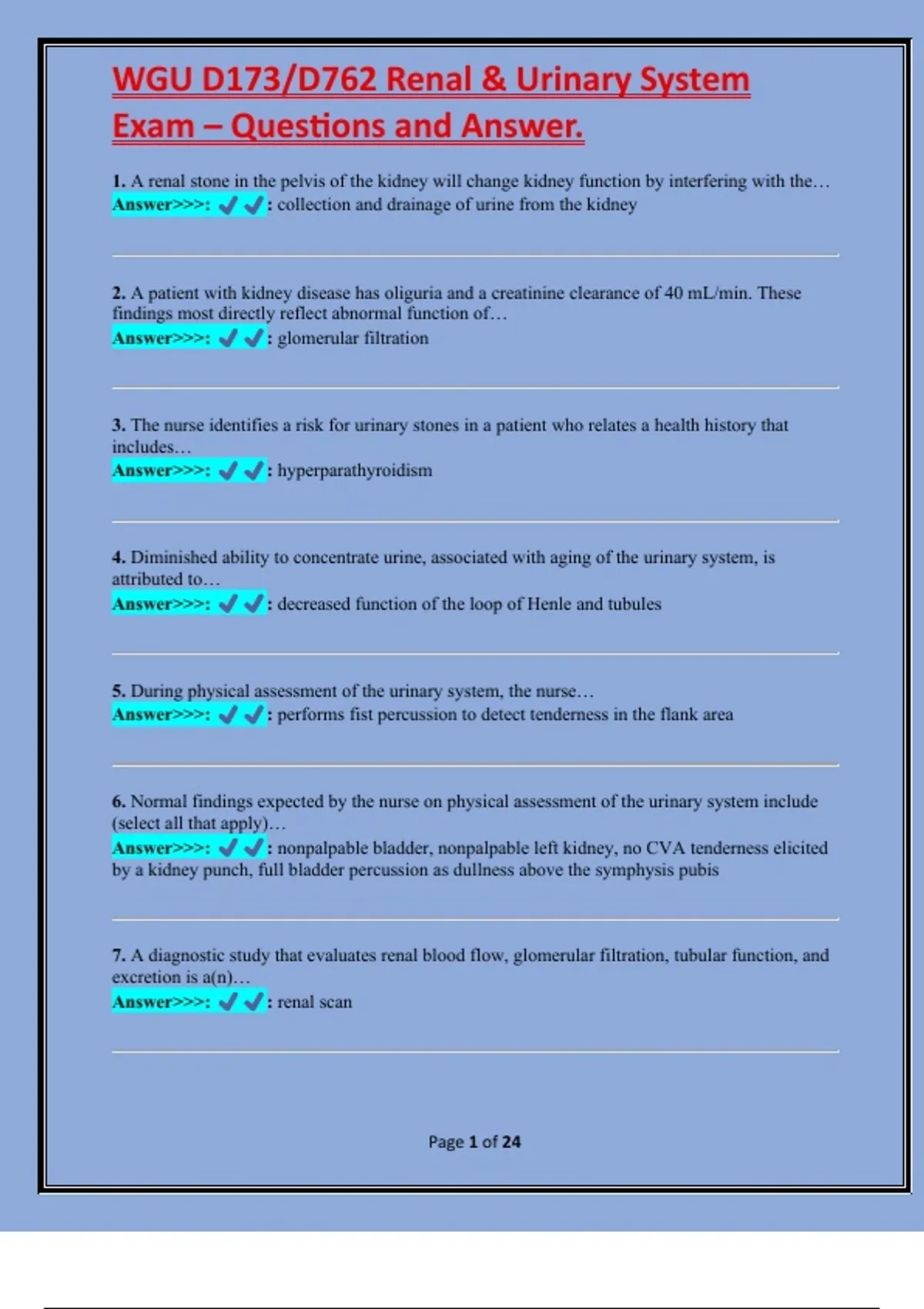 WGU D173/D762 Renal & Urinary System Exam – Questions and Answer. - WGU ...