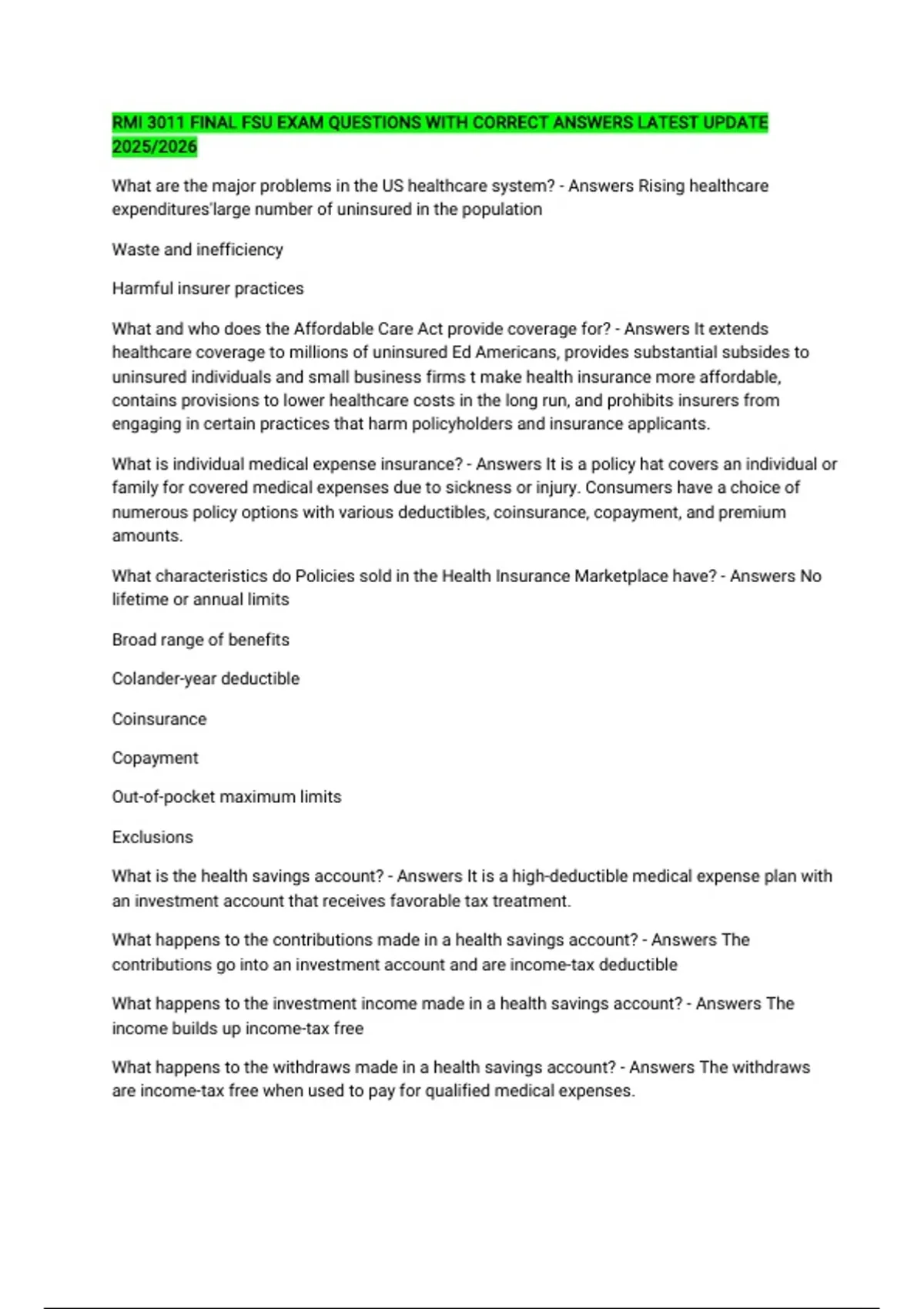 RMI 3011 FINAL FSU EXAM QUESTIONS WITH CORRECT ANSWERS LATEST UPDATE ...