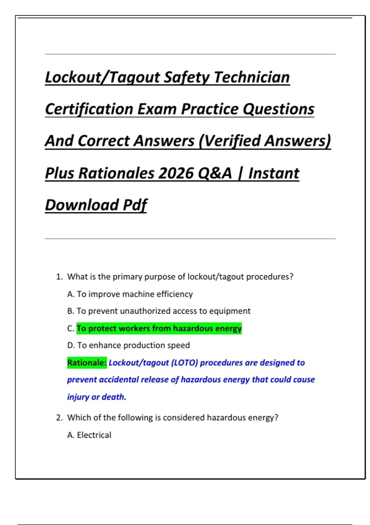 Lockout/Tagout Safety Technician Certification Exam Practice Questions ...
