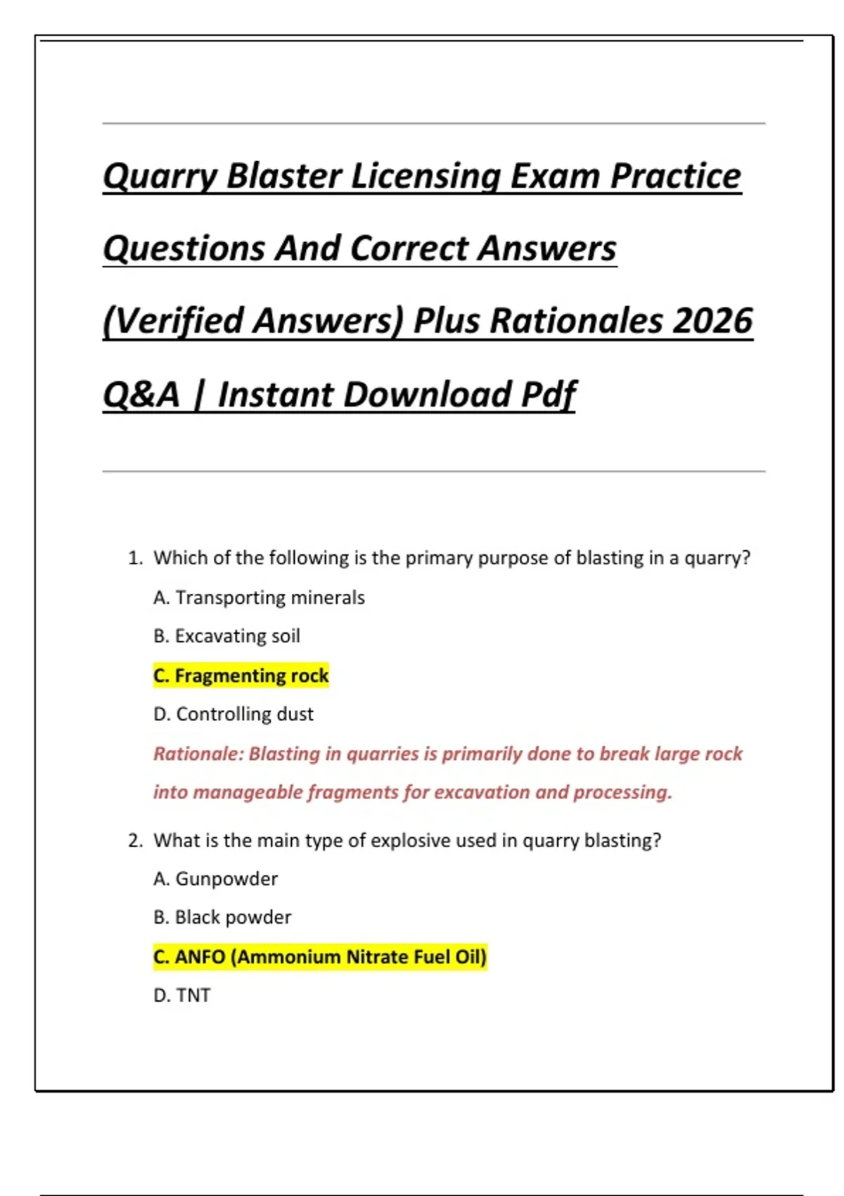 Quarry Blaster Licensing Exam Practice Questions And Correct Answers (Verified Answers) Plus ...