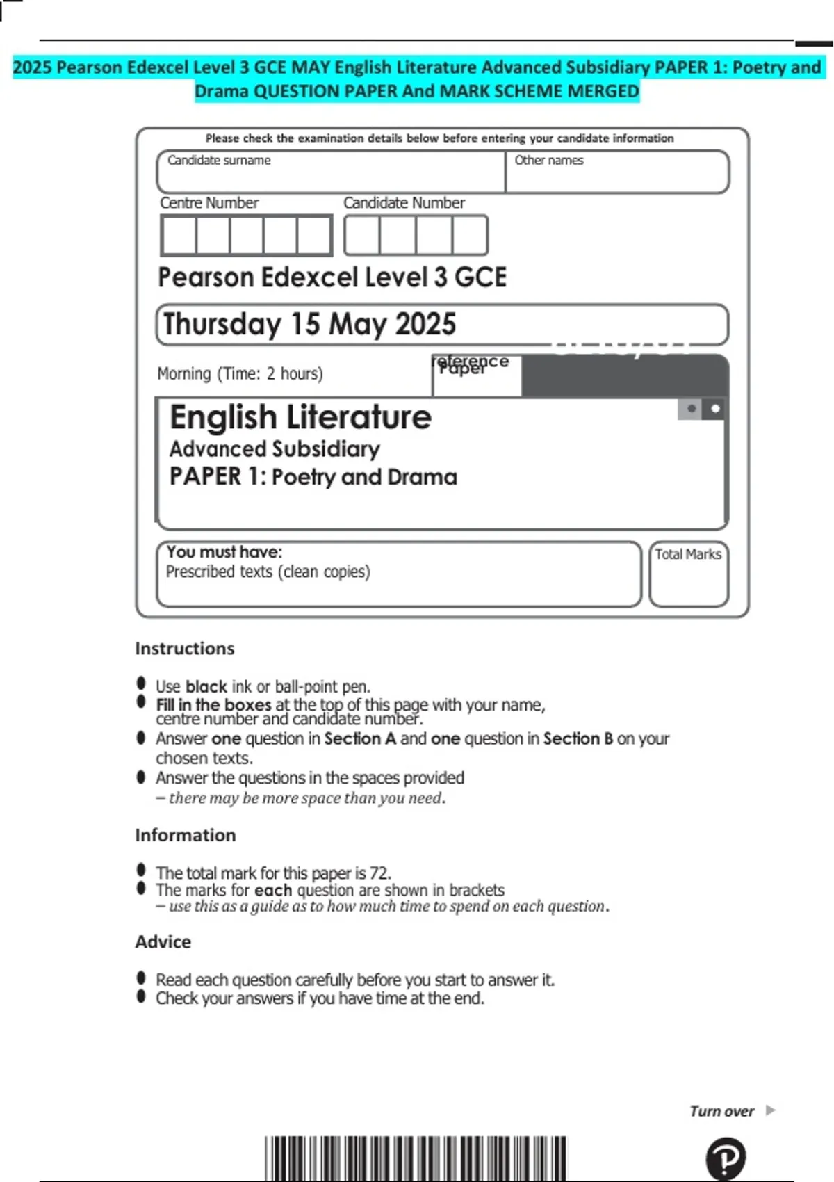 2025 Pearson Edexcel Level 3 GCE MAY English Literature Advanced ...