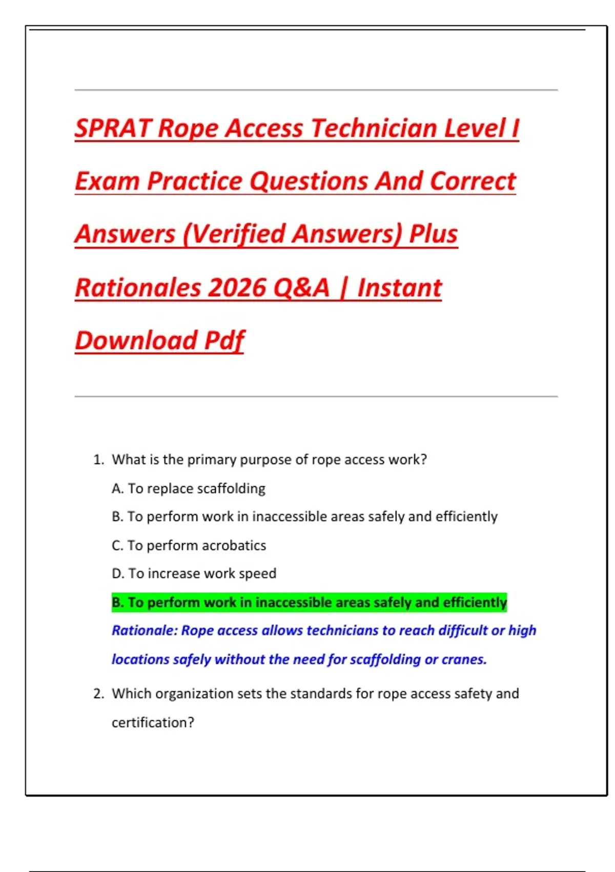 SPRAT Rope Access Technician Level I Exam Practice Questions And ...