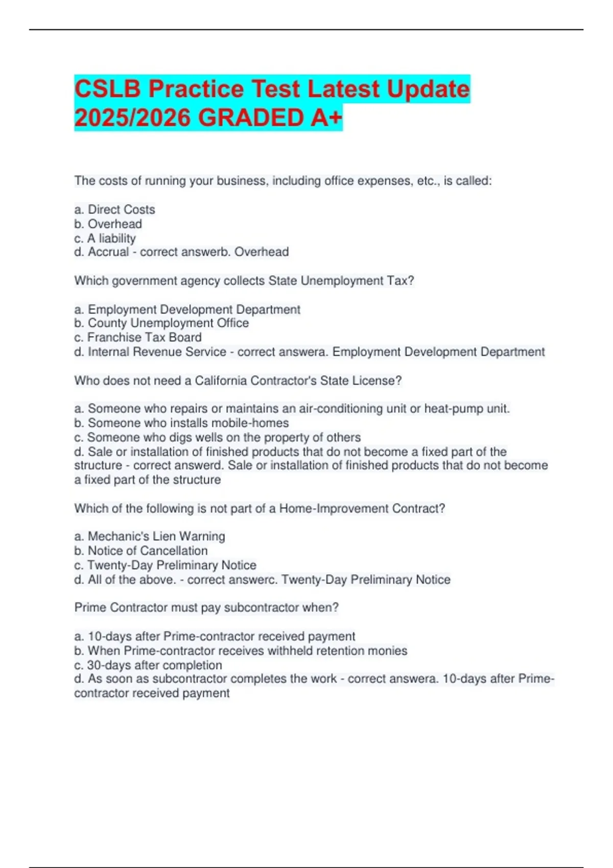 CSLB Practice Test Latest Update 2025/2026 GRADED A+ - CSLB - Stuvia US