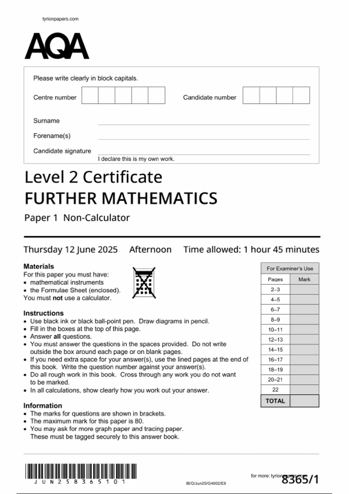 2025 AQA GCSE FURTHER MATHEMATICS Paper 1 (8365/1: Non-Calculator ...
