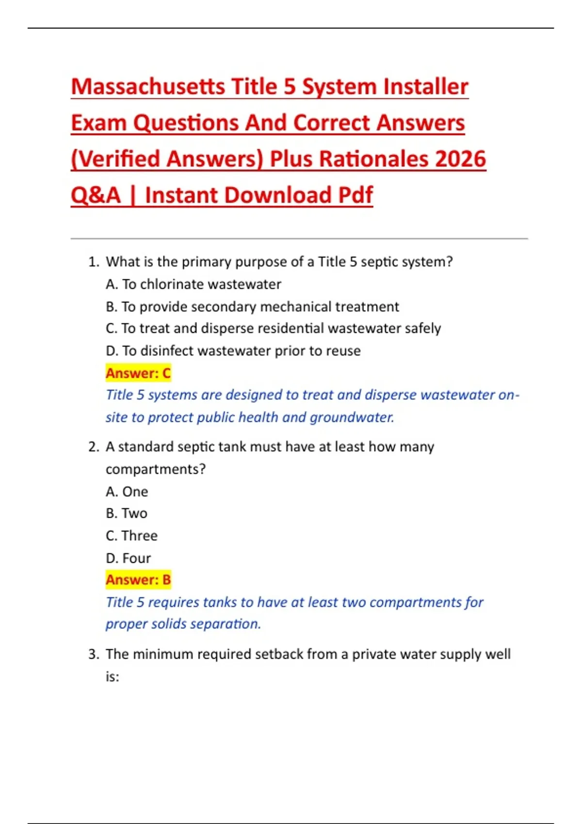 Massachusetts Title 5 System Installer Exam Questions And Correct ...