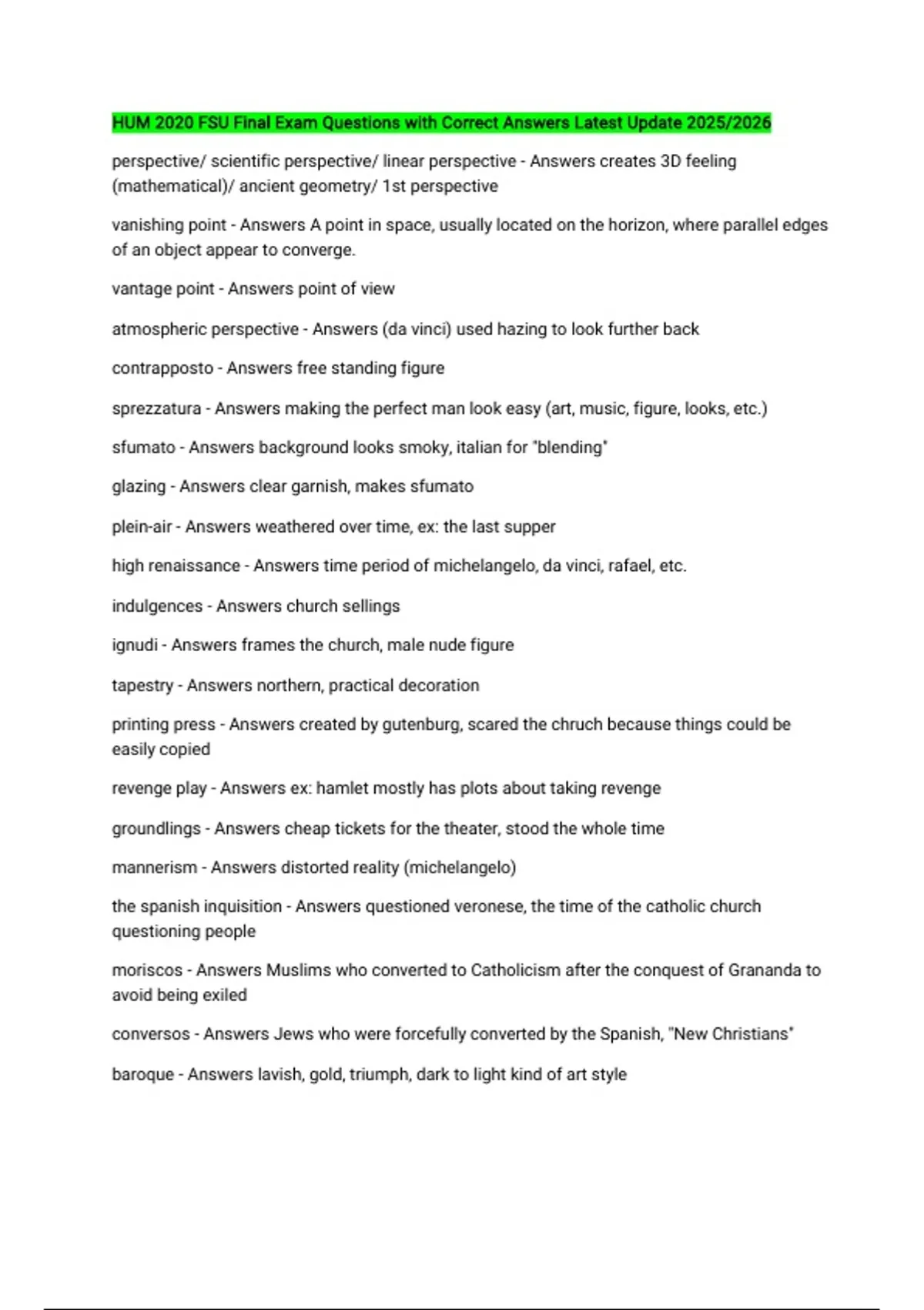 HUM 2020 FSU Final Exam Questions with Correct Answers Latest Update ...