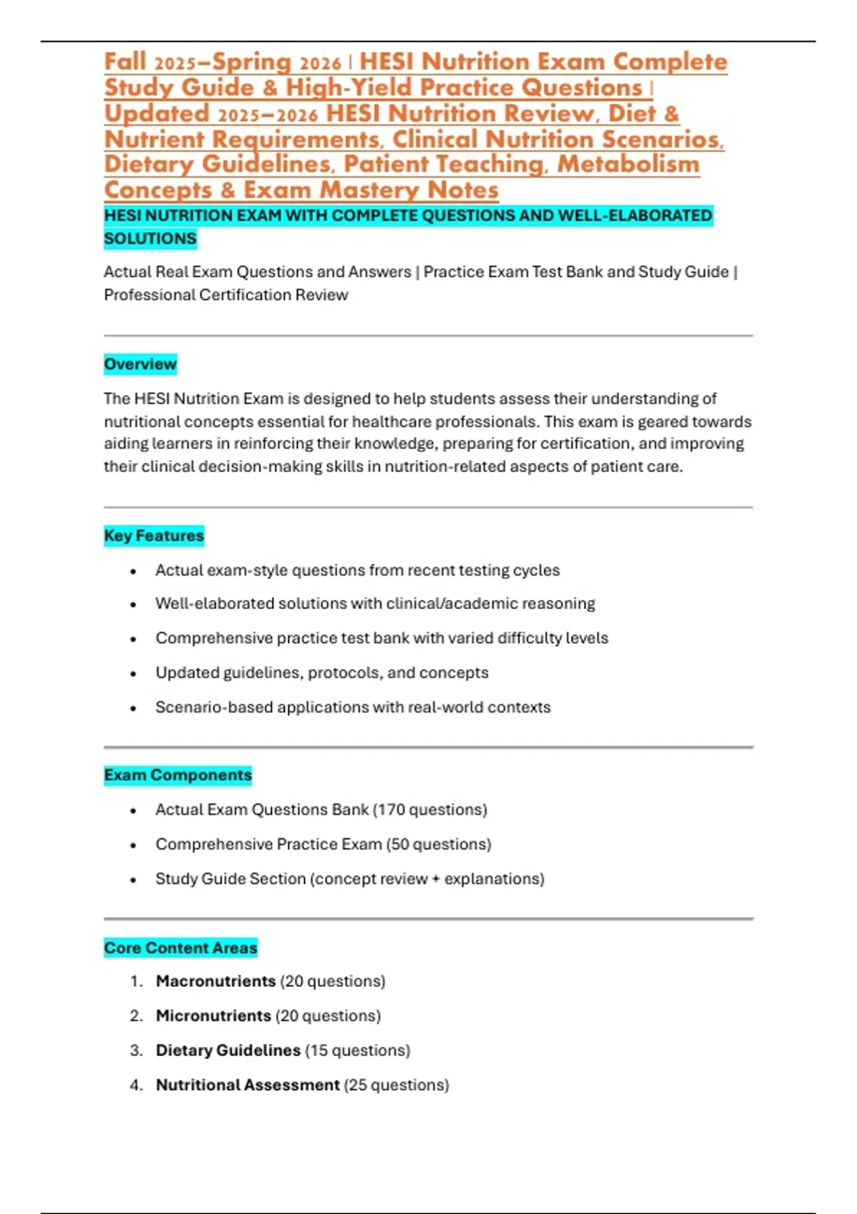 Fall 2025–Spring 2026 | HESI Nutrition Exam Complete Study Guide & High ...