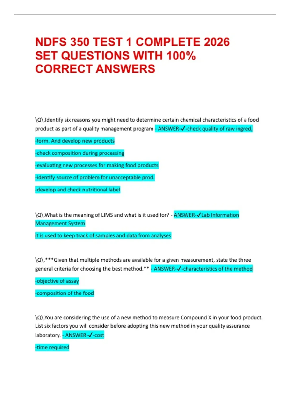 NDFS 350 TEST 1 COMPLETE 2026 SET QUESTIONS WITH 100% CORRECT ANSWERS ...