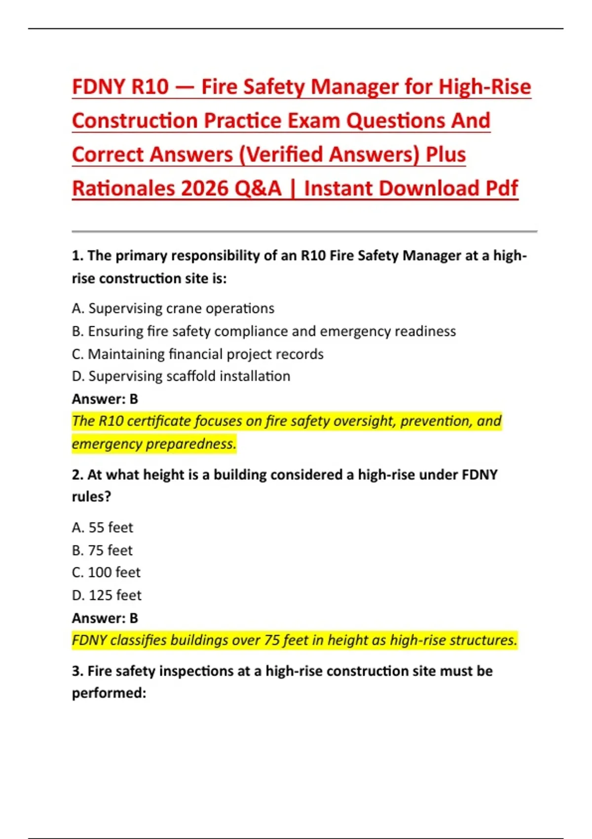 FDNY R10 — Fire Safety Manager for High-Rise Construction Practice Exam ...