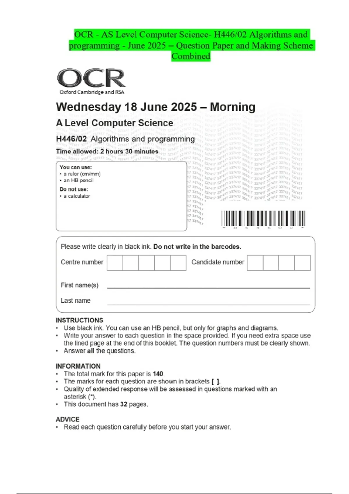 2025 OCR GCSE (9–1) Combined Science B (Twenty First Century Science) J260/06 Chemistry (Higher ...