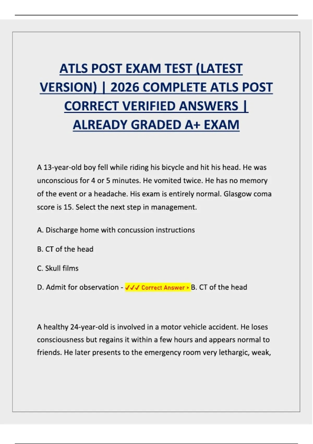 ATLS POST EXAM TEST (LATEST VERSION) | 2026 COMPLETE ATLS POST CORRECT ...