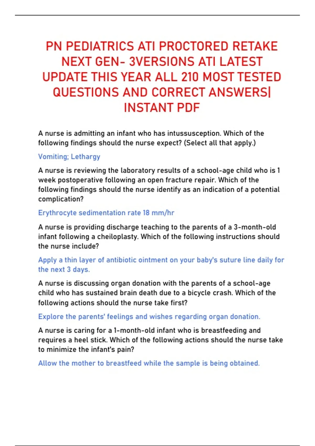 PN PEDIATRICS ATI PROCTORED RETAKE NEXT GEN- 3VERSIONS ATI LATEST ...