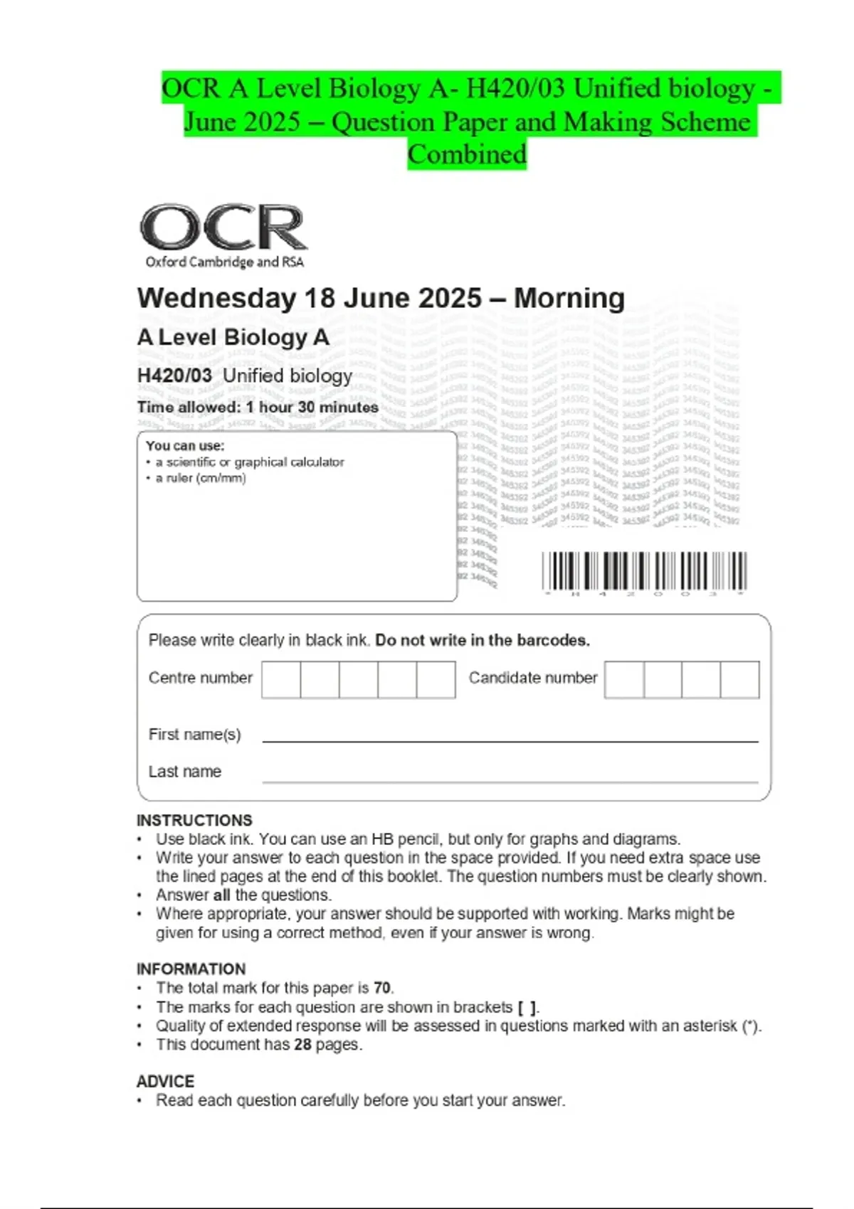 OCR A Level Biology A- H420/03 Unified biology - June 2025 - Question ...