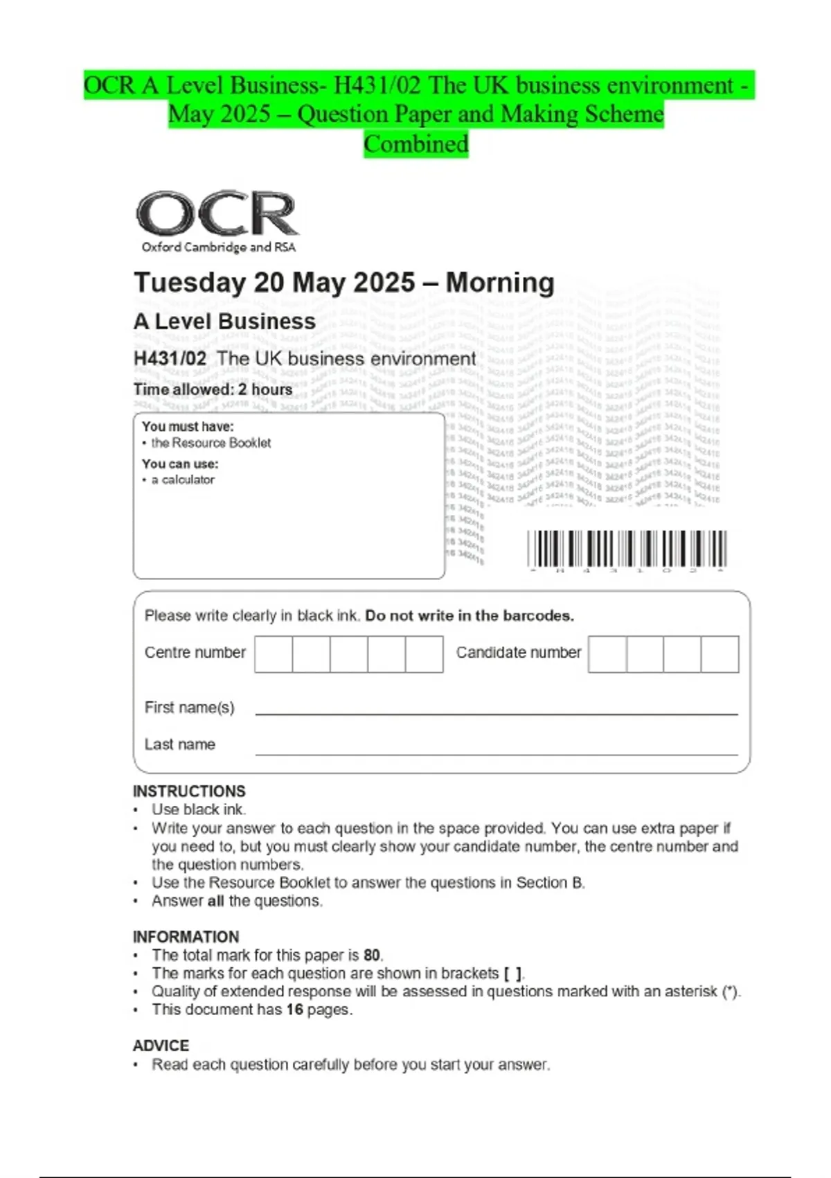 OCR A Level Business- H431/02 The UK business environment - May 2025 ...
