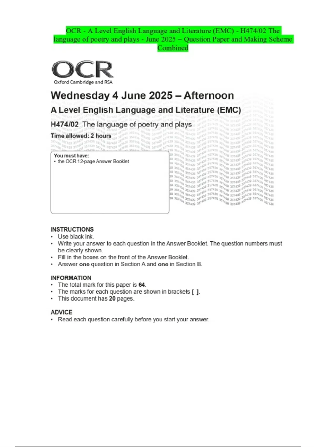 OCR - A Level English Language and Literature (EMC) - H474/02 The ...