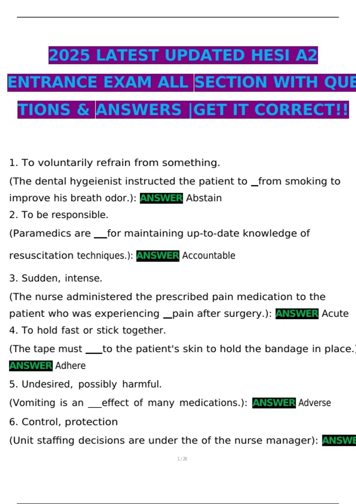 2025 LATEST UPDATED HESI A2 ENTRANCE EXAM ALL SECTION WITH QUESTIONS ...