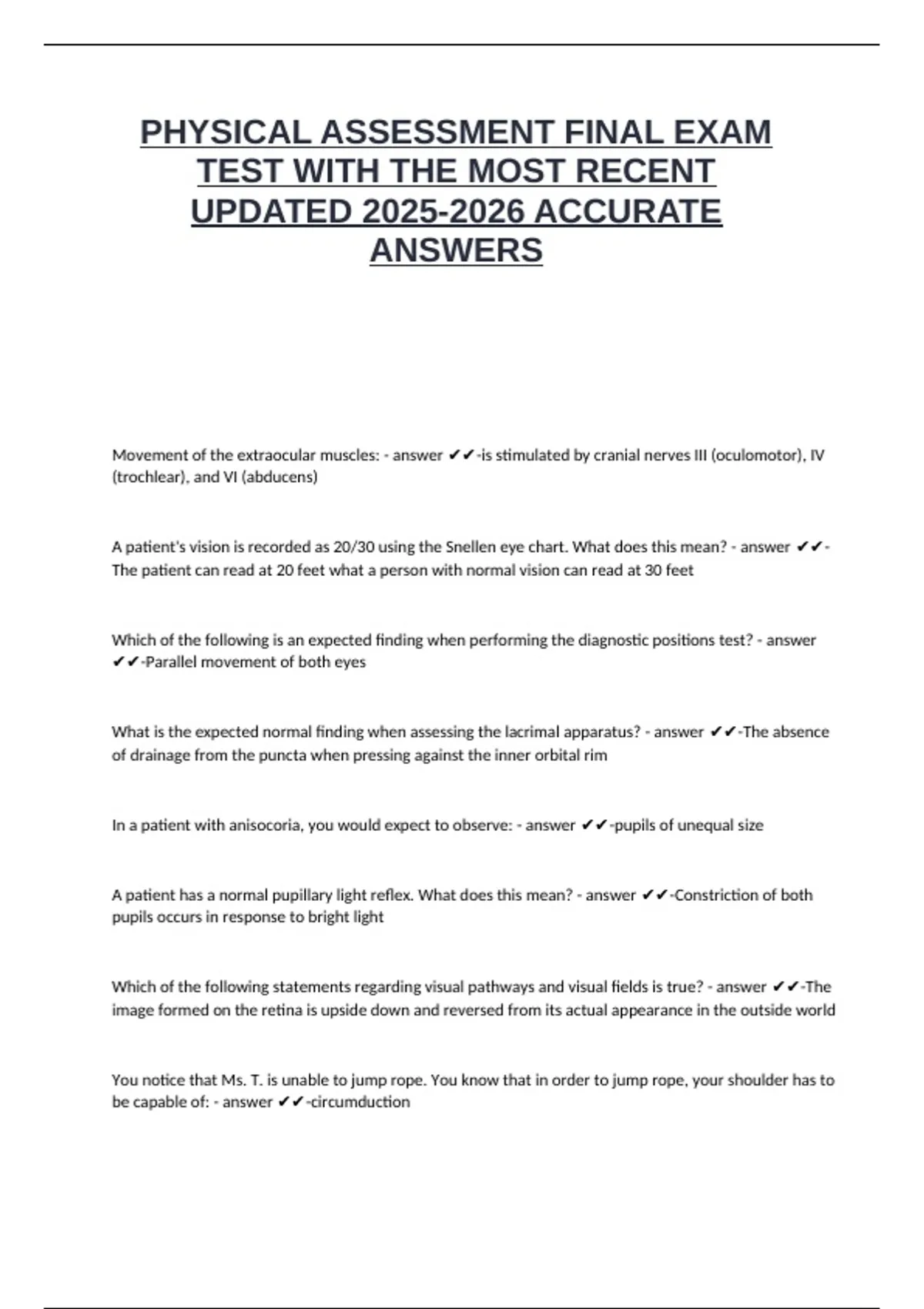 PHYSICAL ASSESSMENT FINAL EXAM TEST WITH THE MOST RECENT UPDATED ...