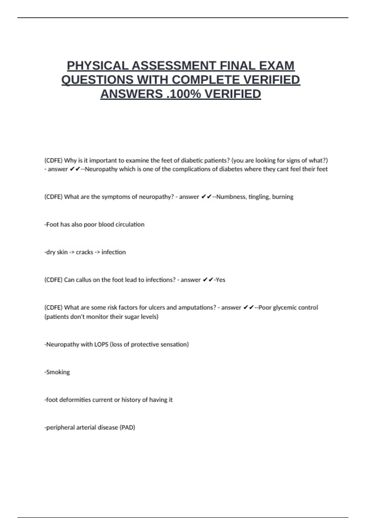 PHYSICAL ASSESSMENT FINAL EXAM QUESTIONS WITH COMPLETE VERIFIED ANSWERS ...