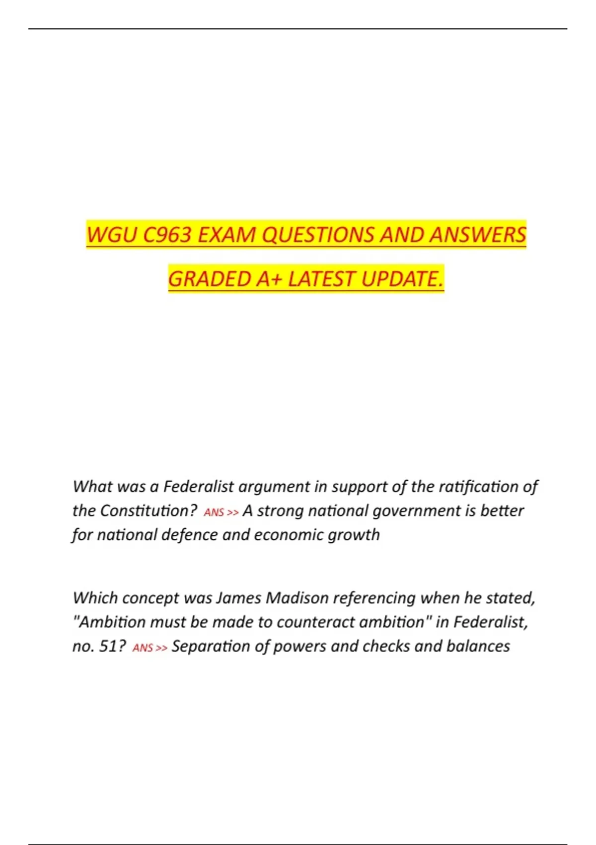 WGU C963 – American Politics and the U.S. Constitution Exam Questions ...