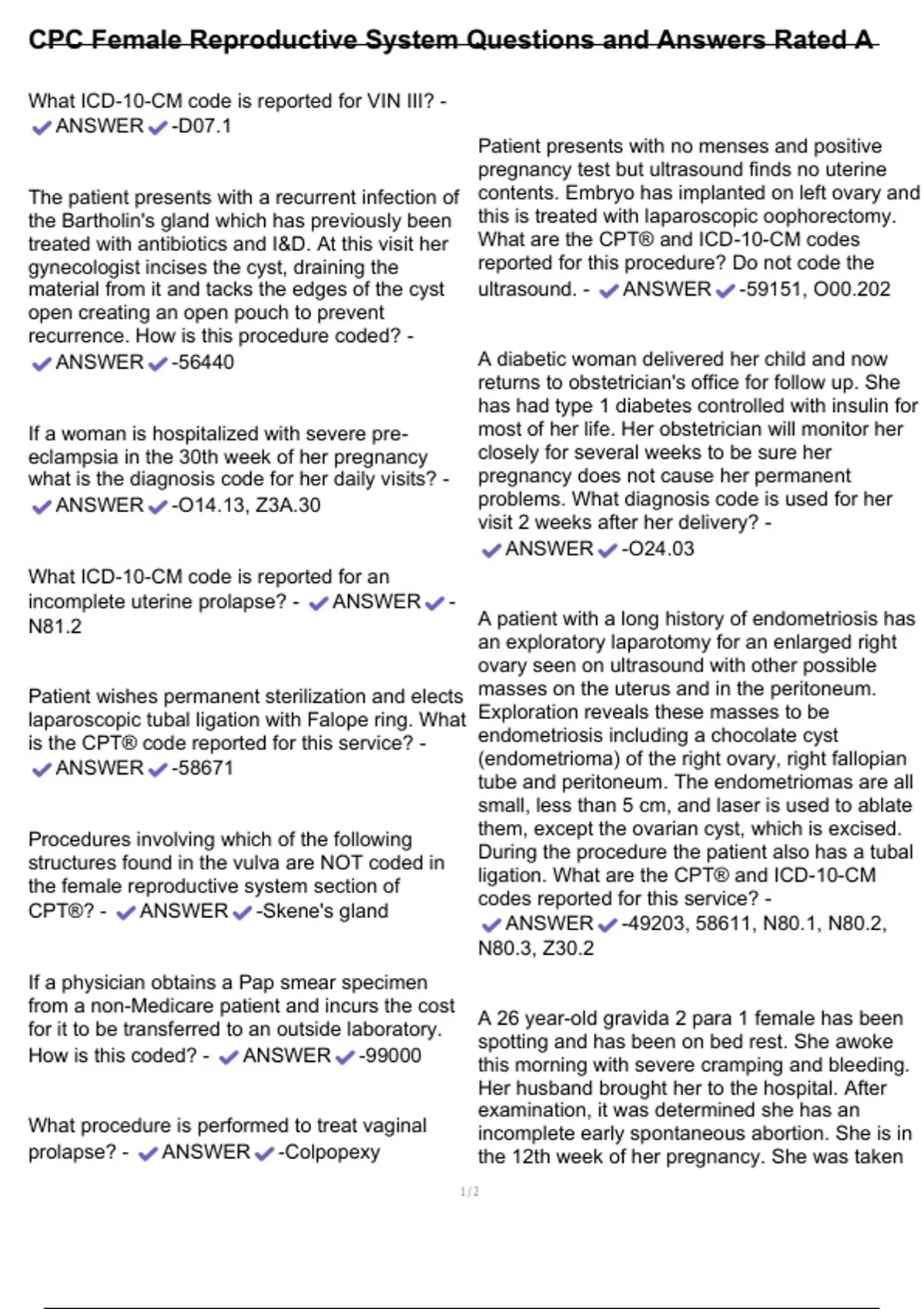 CPC Female Reproductive System Questions and Answers Rated A - CPC ...
