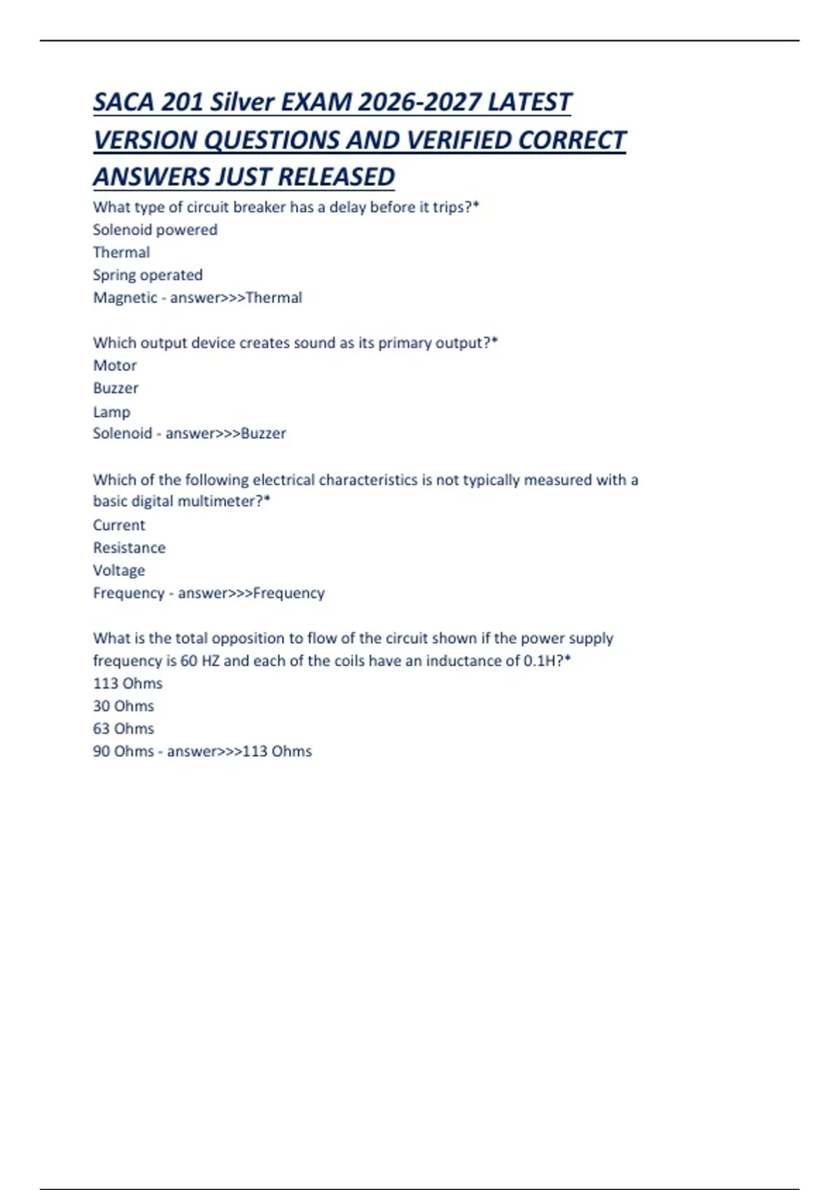 SACA 201 Silver EXAM LATEST VERSION QUESTIONS AND VERIFIED CORRECT ...