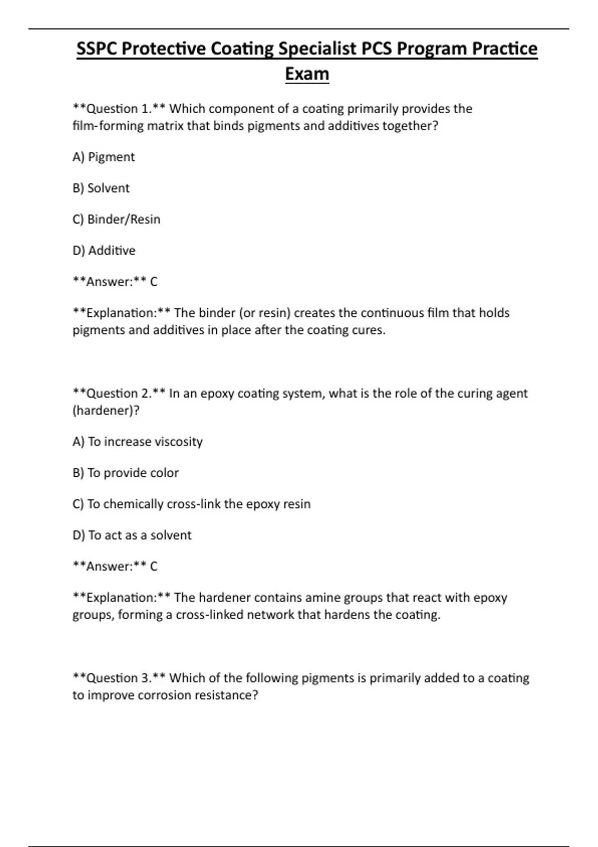 SSPC Protective Coating Specialist PCS Program Practice Exam - Computer ...
