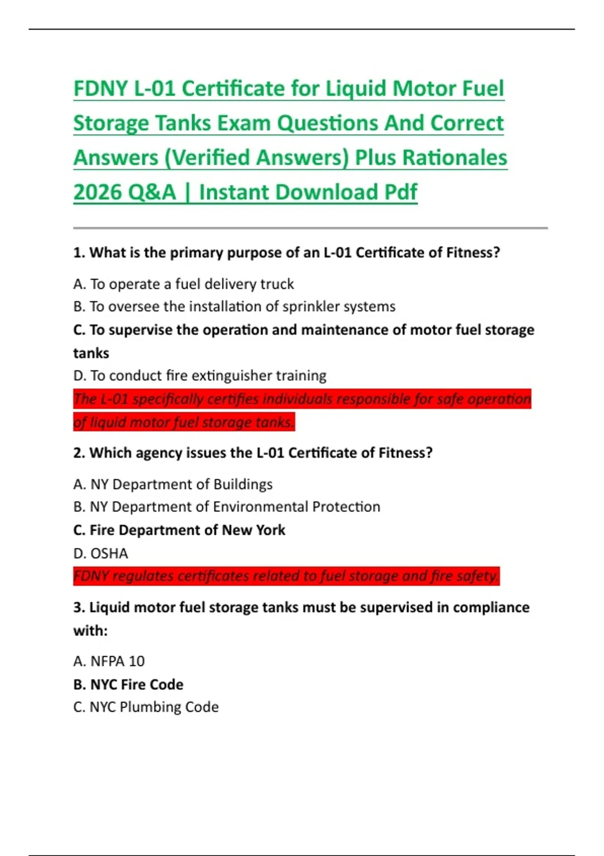 FDNY L-01 Certificate for Liquid Motor Fuel Storage Tanks Exam ...