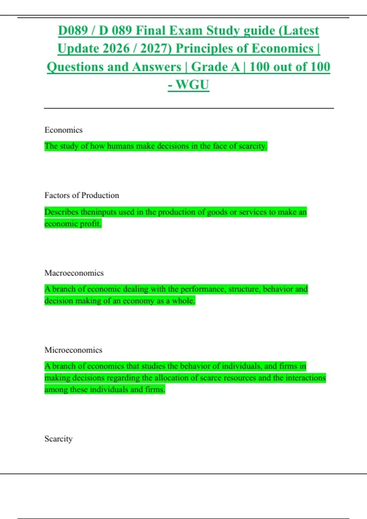 D089 / D089 Principles of Economics Final Exam Study Guide 2026–2027 ...