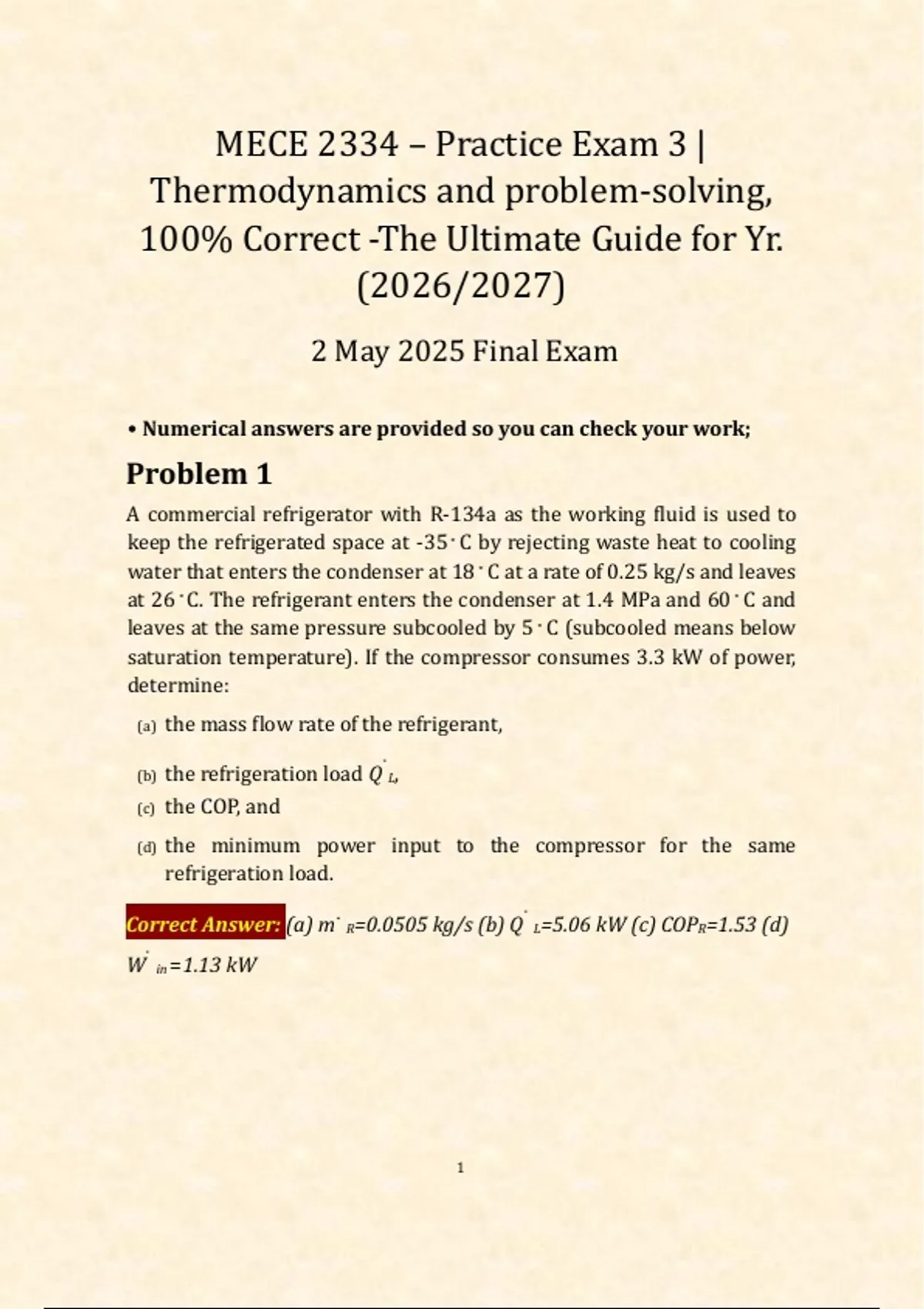 MECE 2334 – Practice Exam 3 | Thermodynamics and problem-solving, 100% Correct -The Ultimate ...