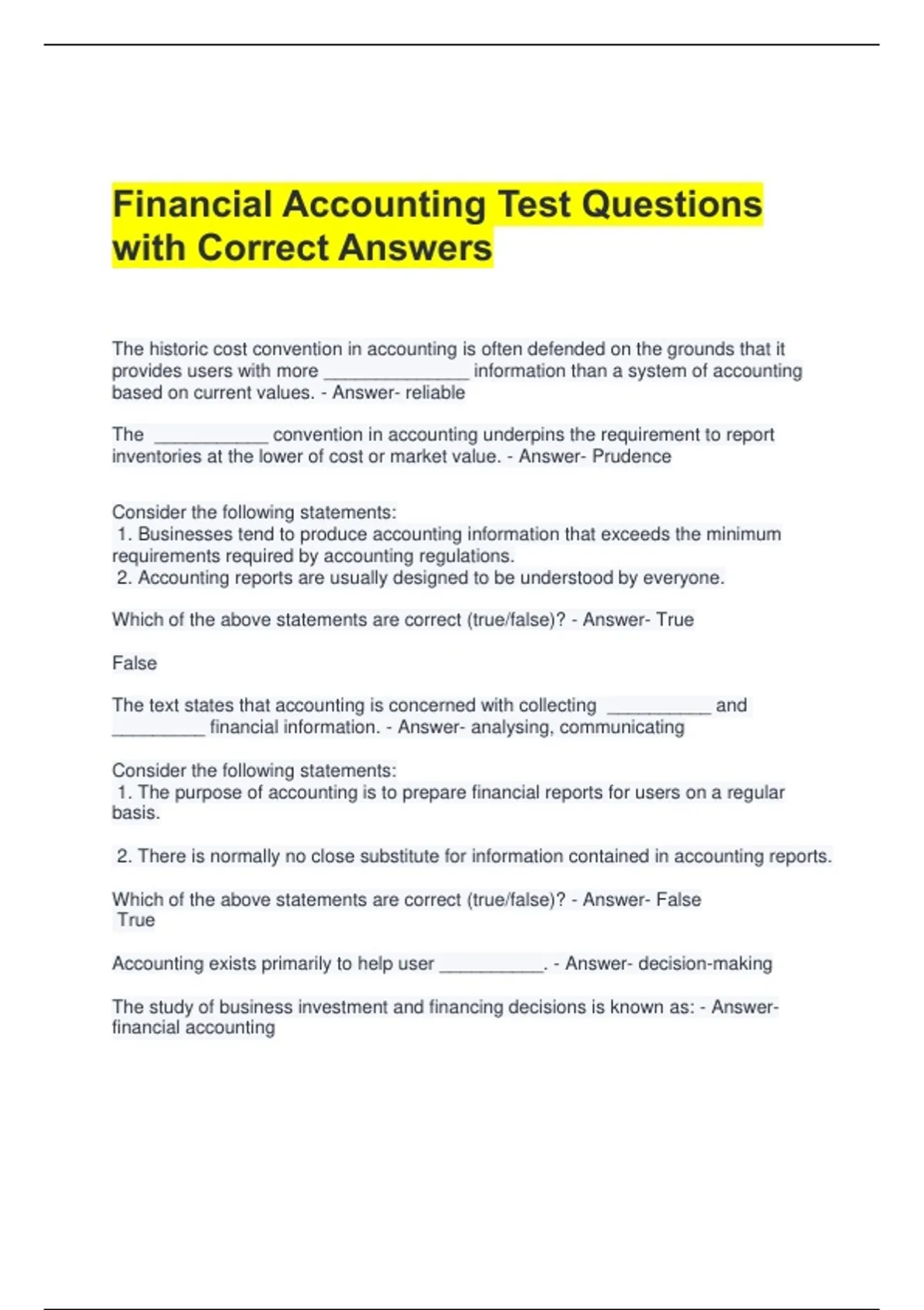 Financial Accounting Test Questions with Correct Answers - Financial ...