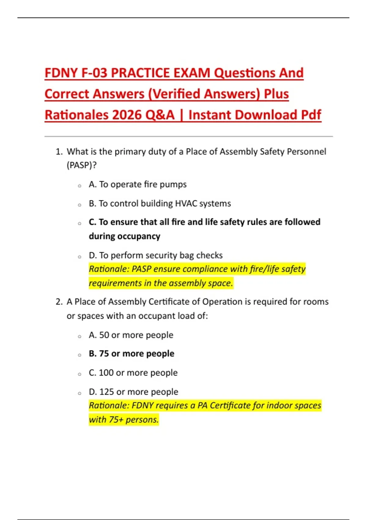 FDNY F-03 PRACTICE EXAM Questions And Correct Answers (Verified Answers ...