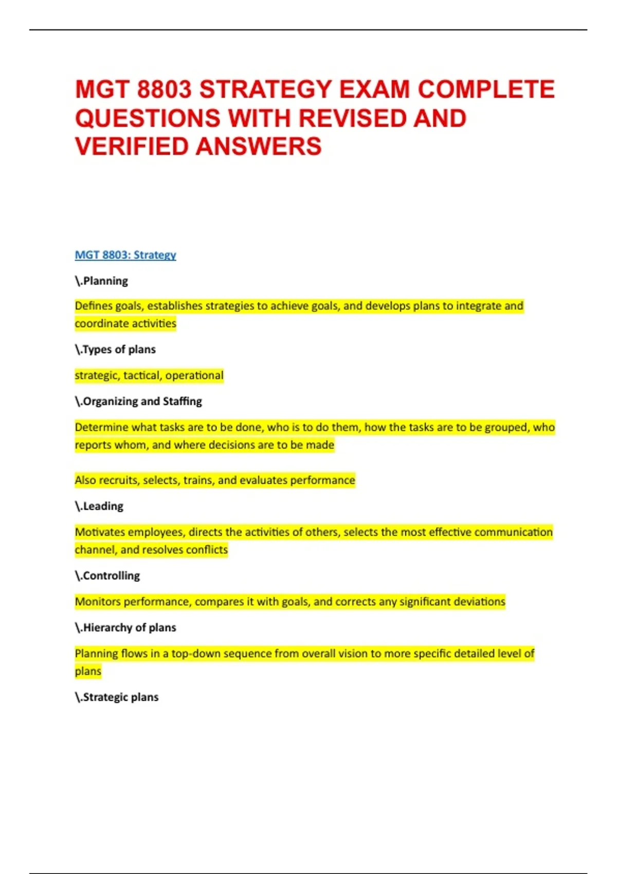 MGT 8803 STRATEGY EXAM COMPLETE QUESTIONS WITH REVISED AND VERIFIED ANSWERS || 100% PASS - MGT ...