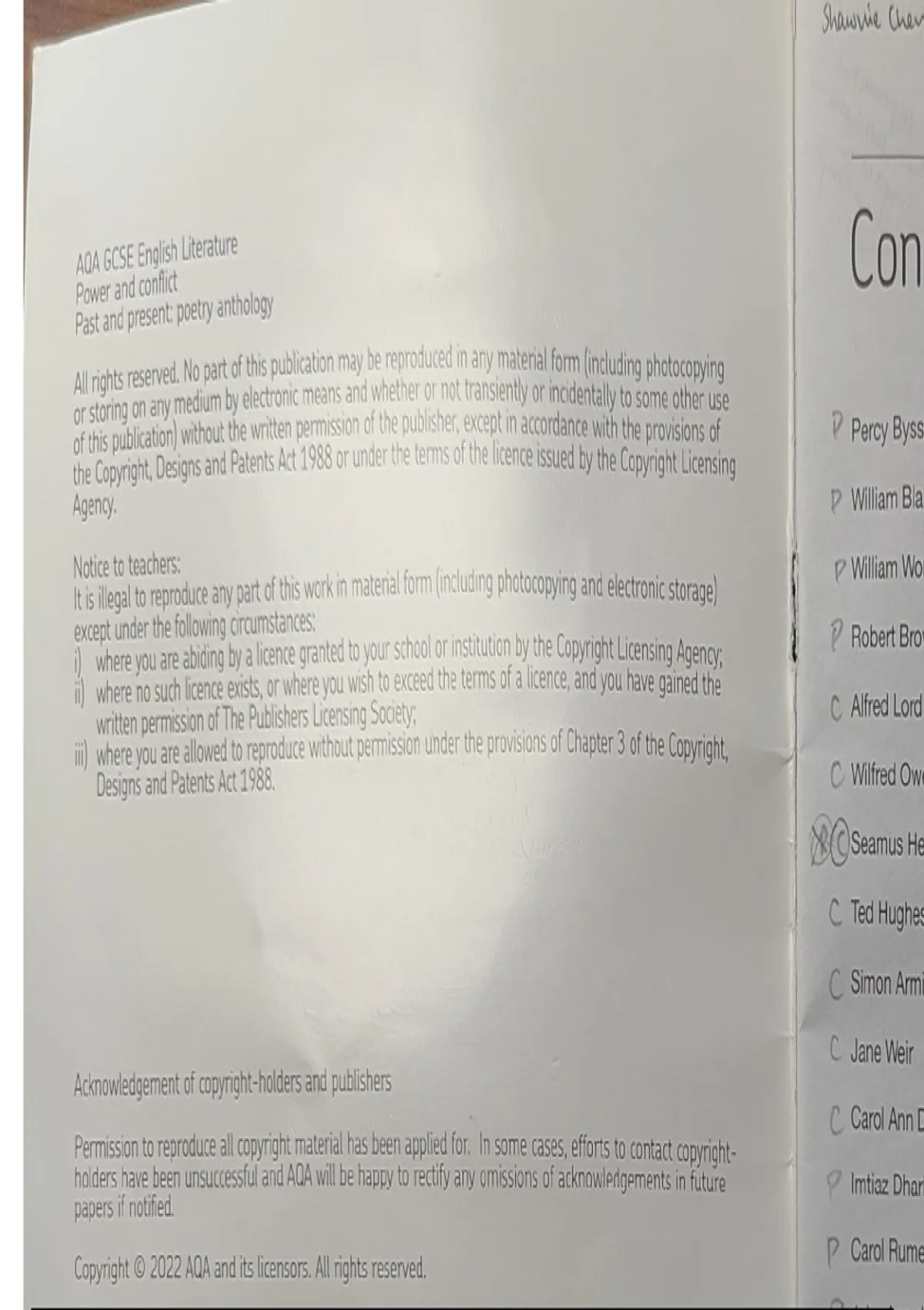 Summary AQA English Literature Power and Conflict Poetry Anthology Full ...