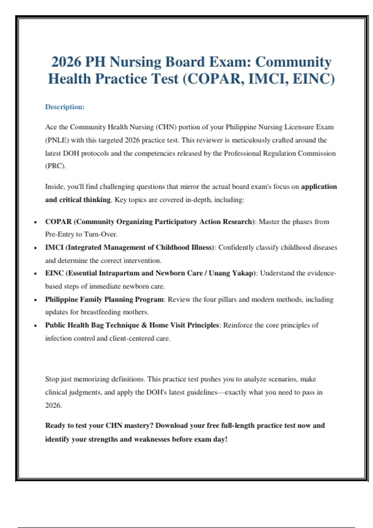2026 Community Health Nursing Board Exam Reviewer: COPAR, IMCI & EINC ...