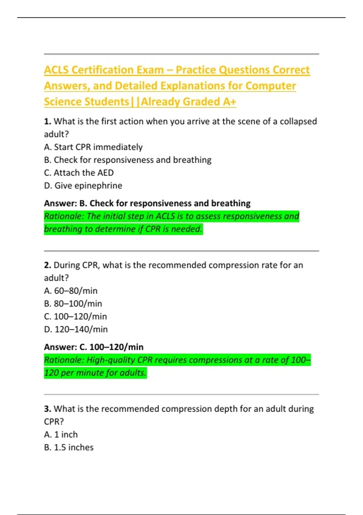 ACLS Certification Exam – Practice Questions Correct Answers, and ...