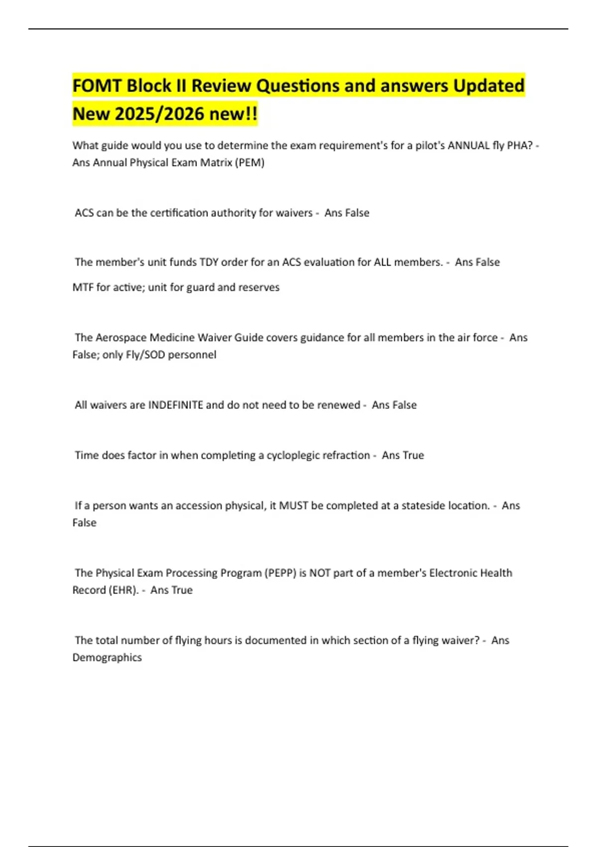 FOMT Block II Review Questions and answers Updated New 2025/2026 new ...