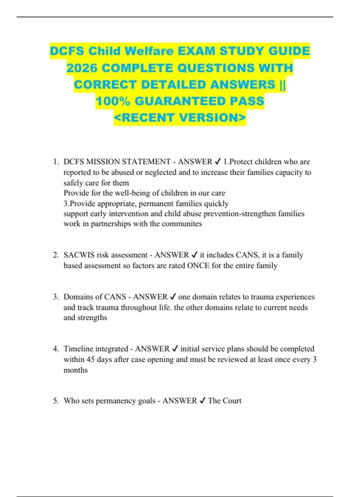 DCFS Child Welfare EXAM STUDY GUIDE 2026 COMPLETE QUESTIONS WITH ...